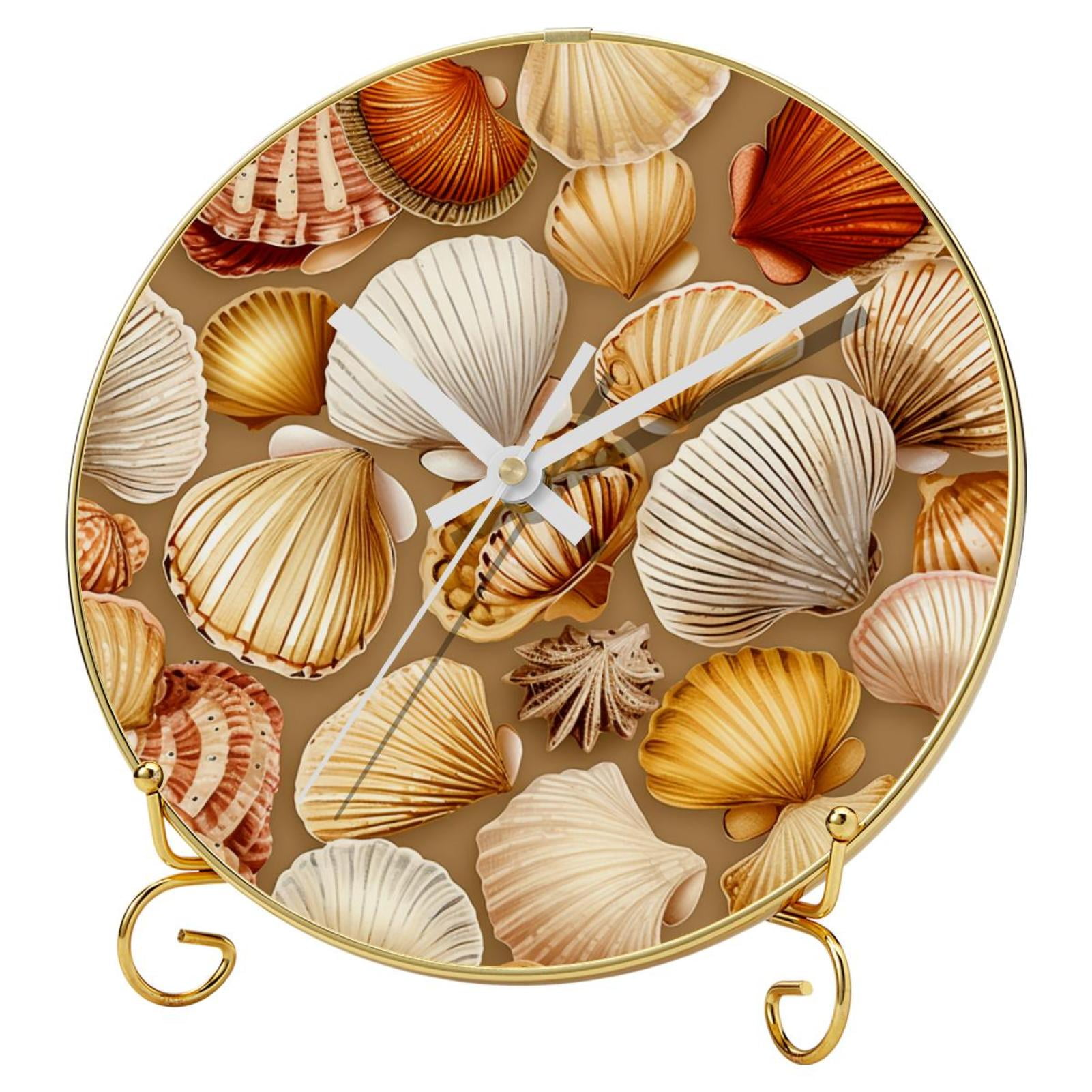 Seashell Round Wall Clock with Printed Design, Hooks, Gold Stand ...