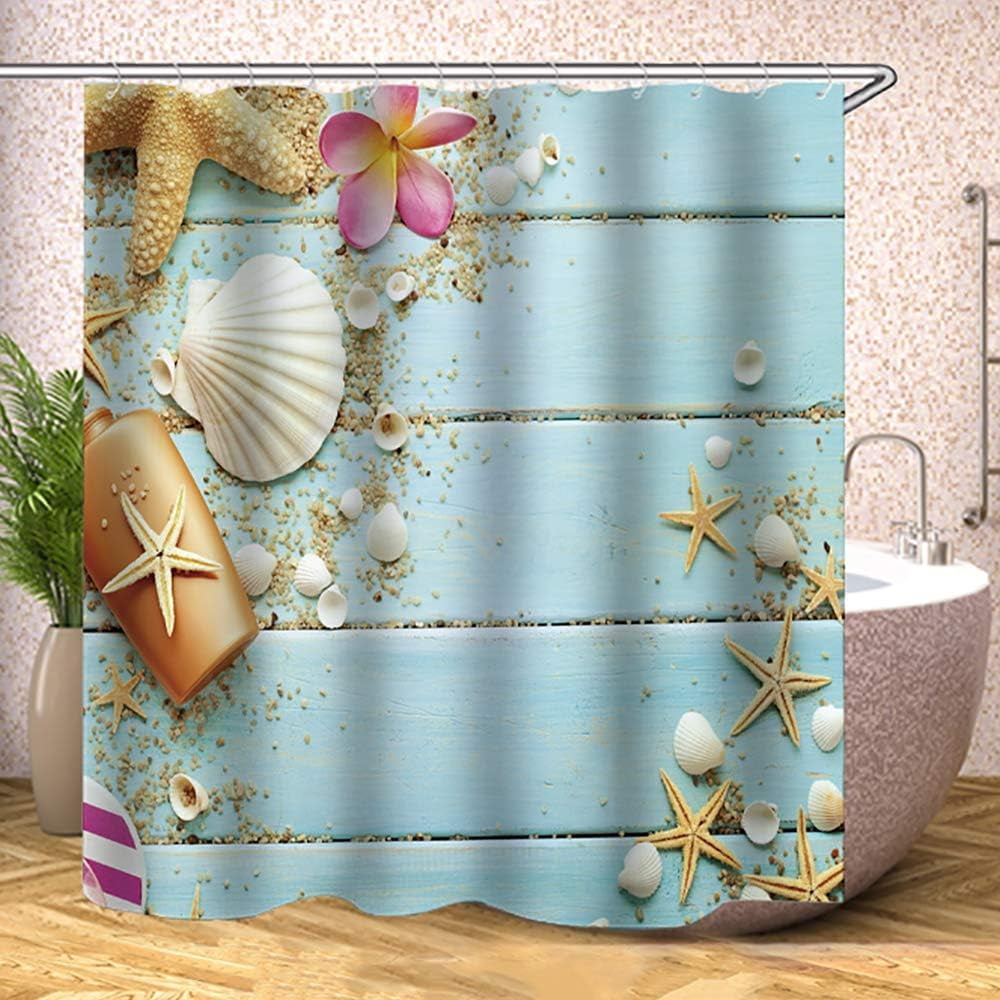 Seashell Shower Curtain Set, Sea Shells Starfish on Teal Wooden Board ...