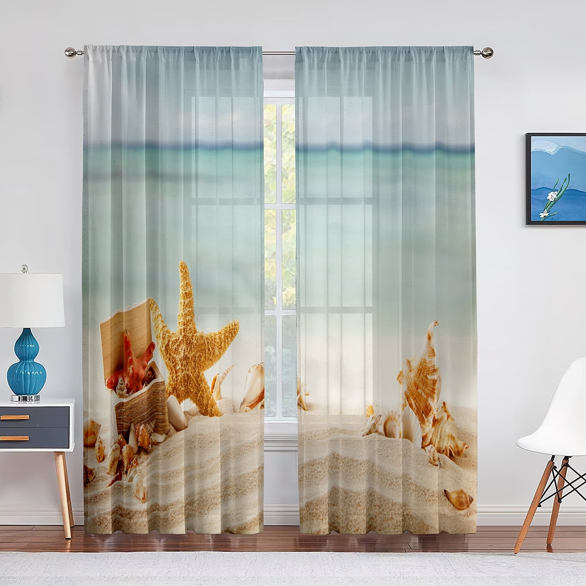 Seashell Star Sea Beach Summer Tulle Curtains for Kitchen Living Room ...