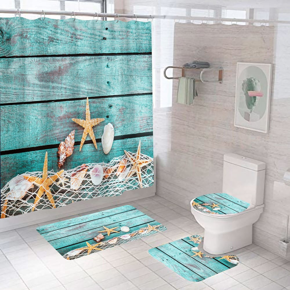 Seashell Star Shower Curtain Set l Fishnet Vintage Blue Deck Beach ...