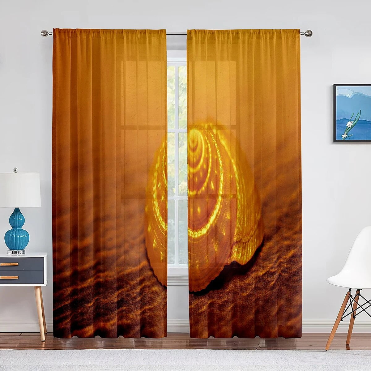 Seashell StarBeach Conch Shell Nautical Blue Wooden Sheer Curtains for ...