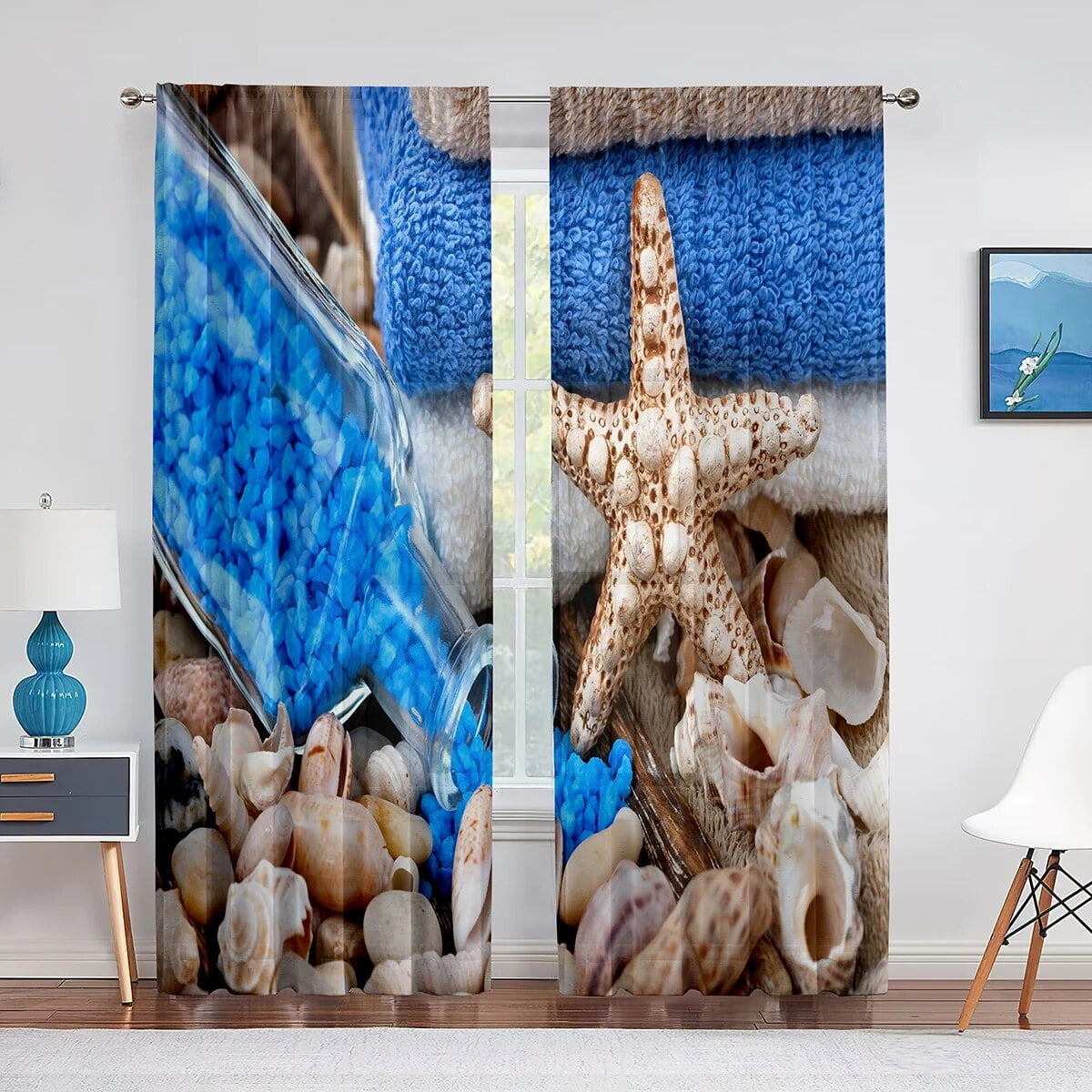 Seashell StarBeach Conch Shell Nautical Blue Wooden Sheer Curtains for ...