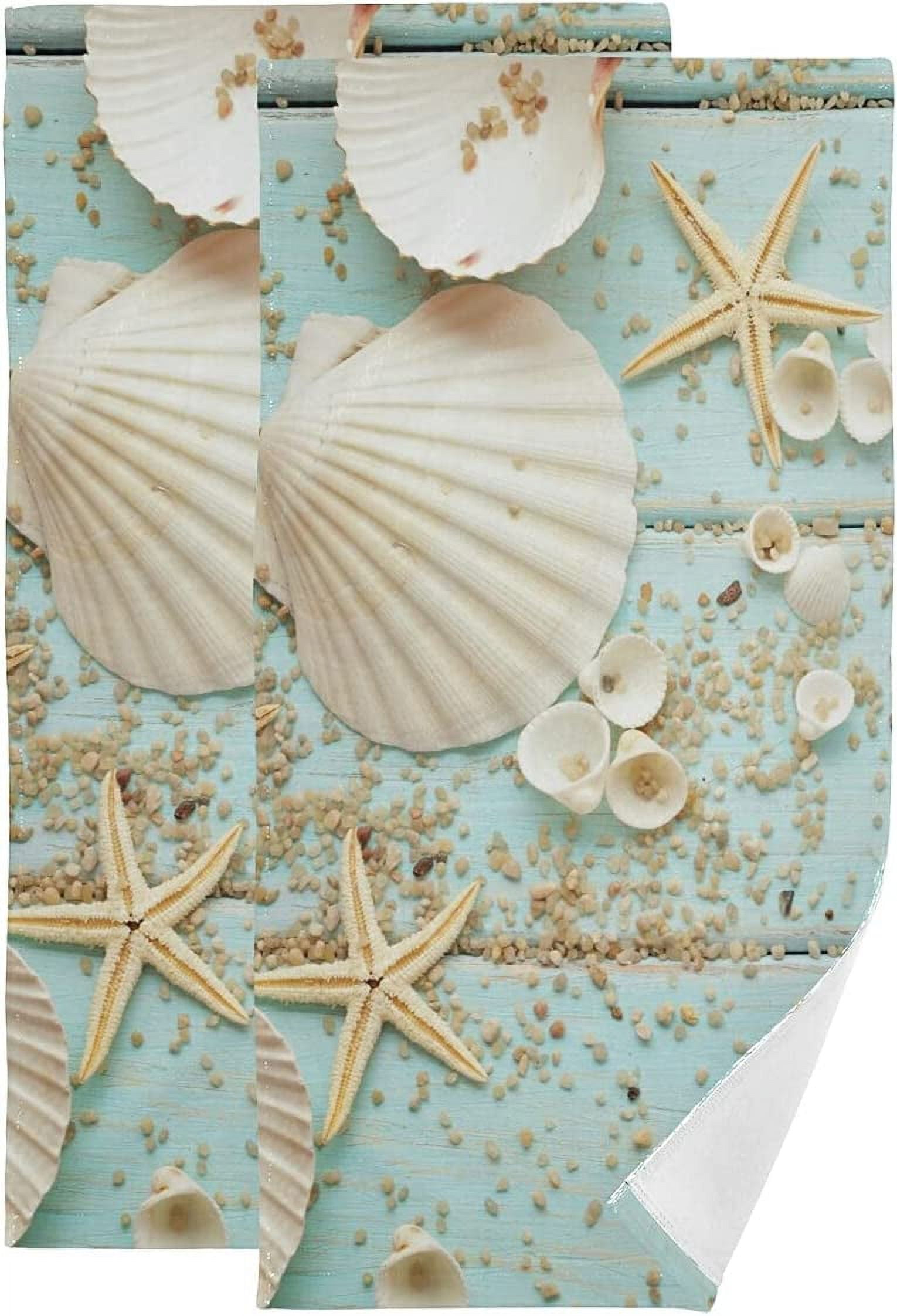 Seashell and Starfish Hand Towel Set of 2, Absorbent Blue Board Bath ...