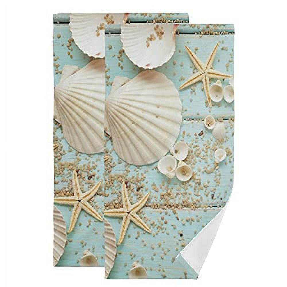 Seashell and Starfish Hand Towel Set of 2, Absorbent Blue Board Bath ...