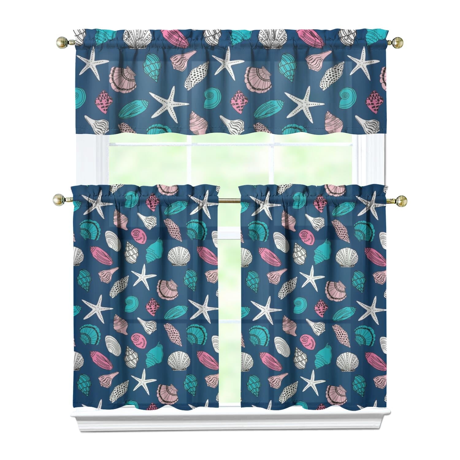 Seashell & Starfish Kitchen Curtains Set of 3, Tropical Semi-Sheer Tier ...