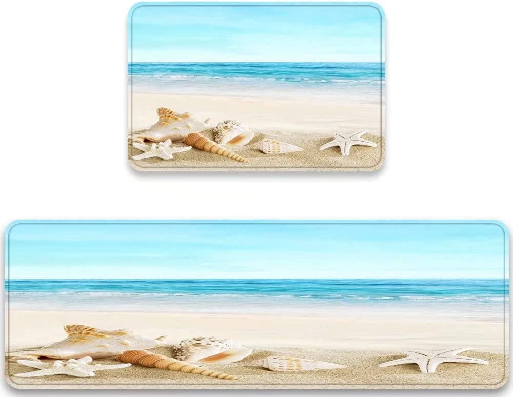 Seashell Starfish Kitchen Rug Sets, 2 Pieces, Non-Slip, Anti Fatigue ...