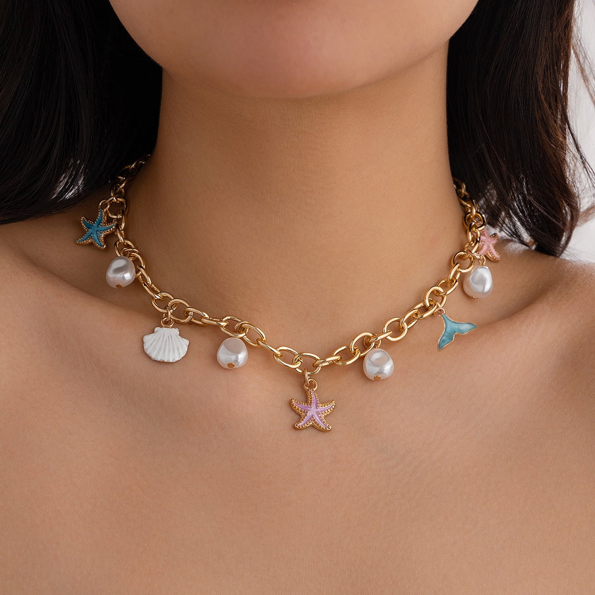 Seashell Starfish Necklace for Women Conch Shell Summer Pearl Beach 14k ...