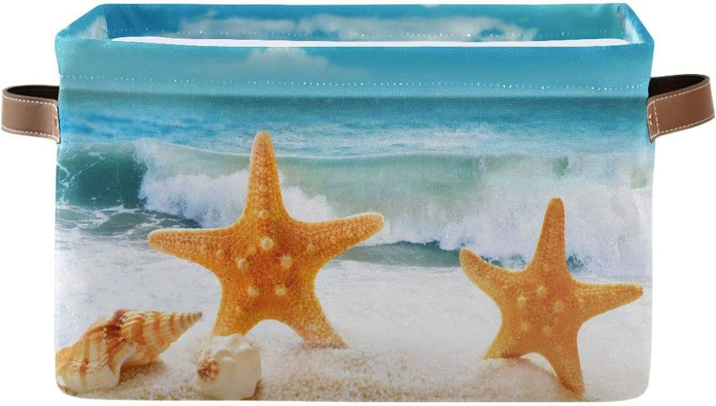Seashell and Starfish on The Sandy Beach Near The Square Storage Basket ...