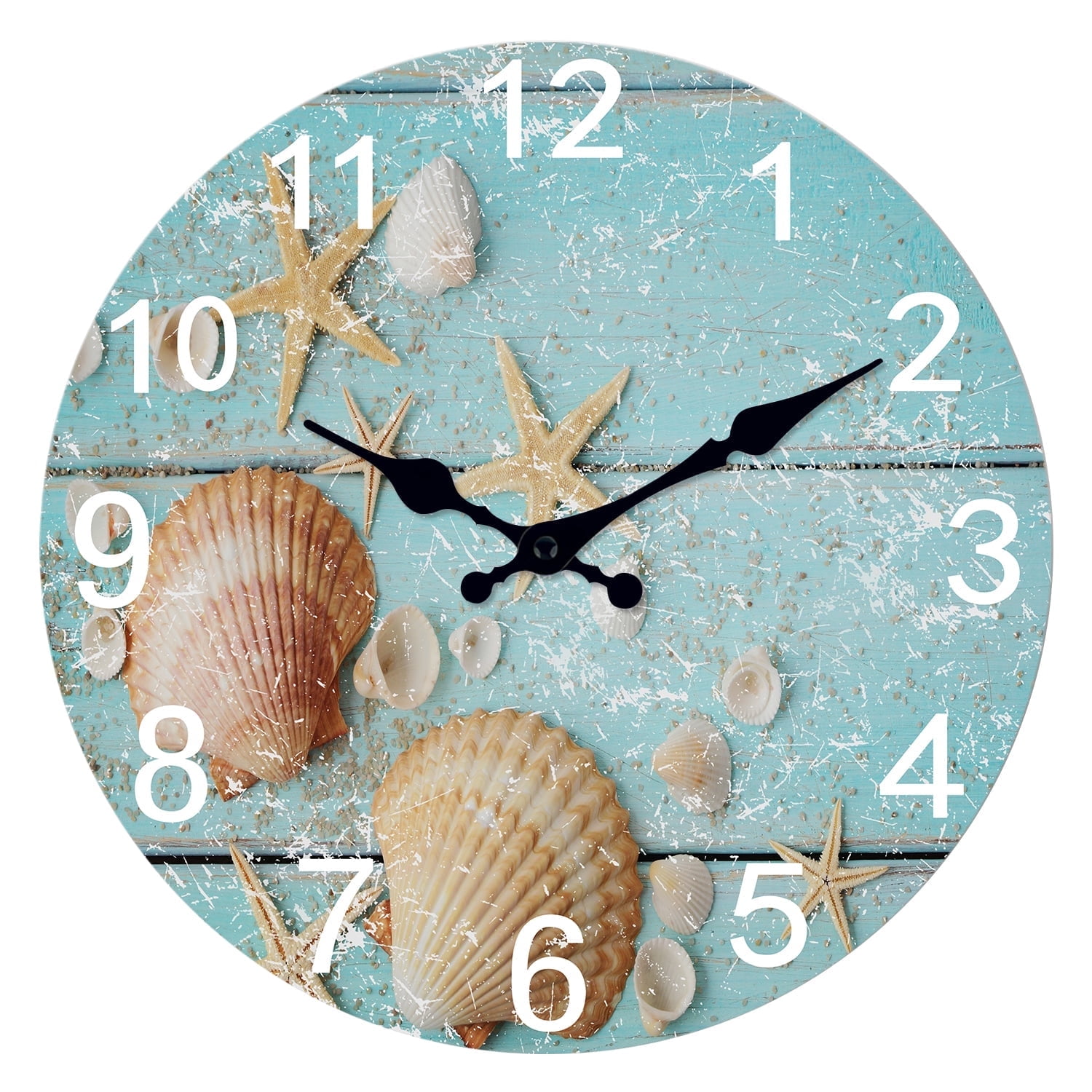 Seashell Starfish Wall Clock Battery Operated 24 Inch Blue Wooden Round ...