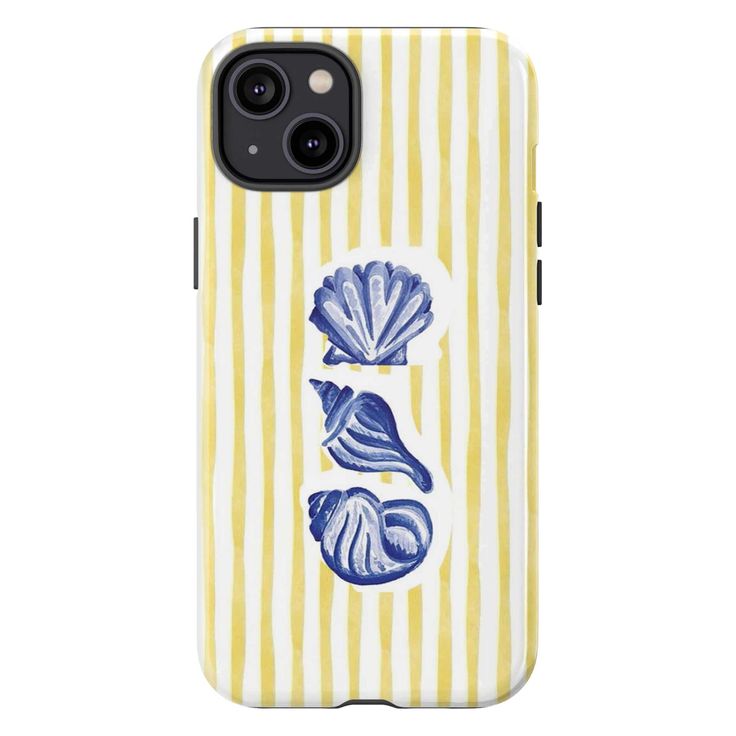 Seashell Stripes Phone Case, Blue Shell Art on Yellow Stripe iPhone ...