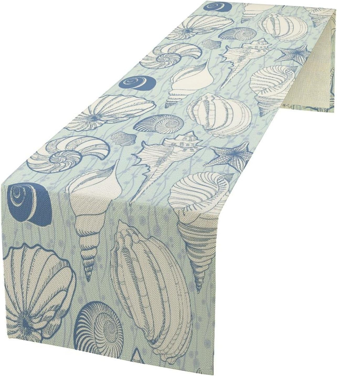 Seashell Table Runner, Vintage Blue Coastal Corals Sea Beach Sealife ...