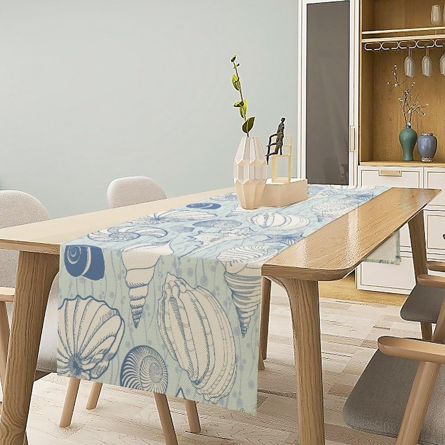 Seashell Table Runner, Vintage Blue Coastal Corals Sea Beach Sealife ...