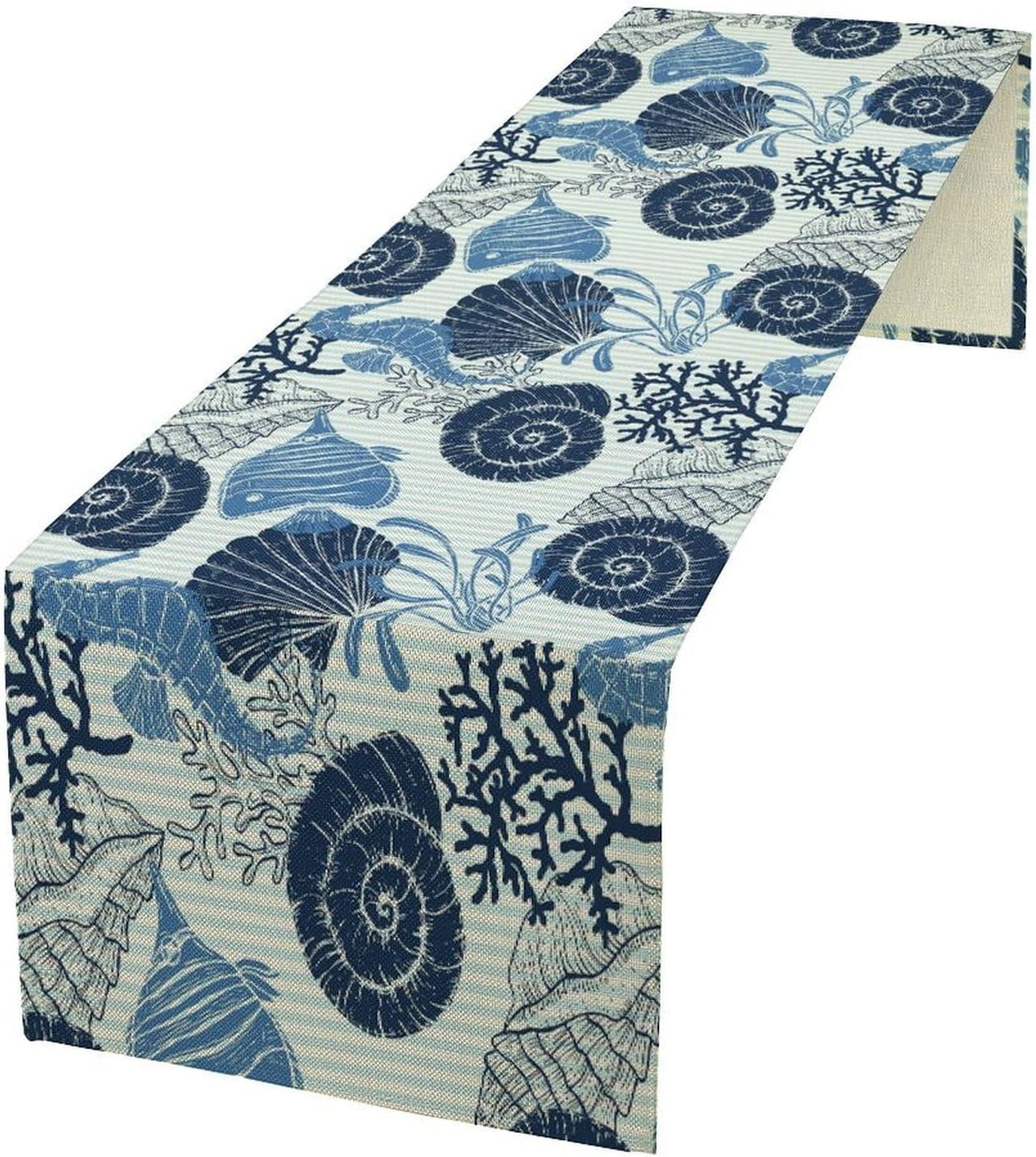 Seashell Table Runner, Vintage Blue Coastal Nautical Corals Sea Beach ...