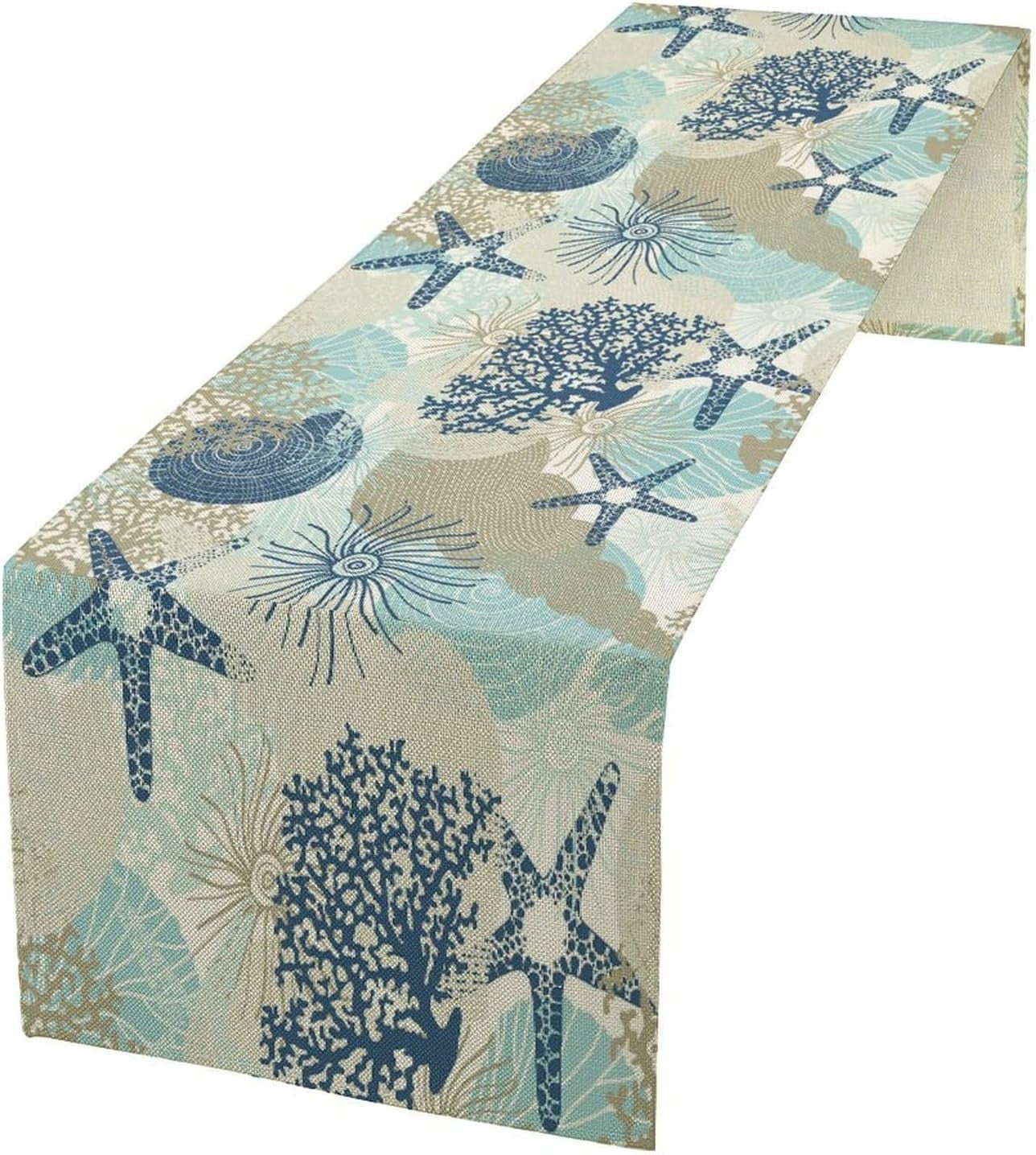 Seashell Table Runner, Vintage Blue Coastal Nautical Corals Tropical ...