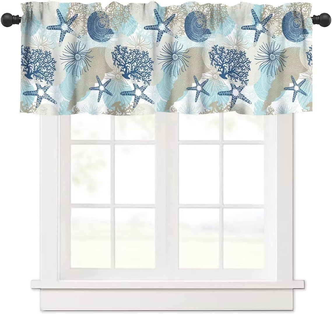 Seashell Table Window Valance Curtain, Vintage Blue Coastal Nautical Corals Tropical Sea Beach ...
