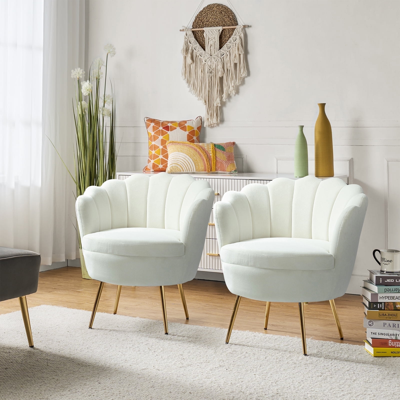 Elegant Accent Arm Velvet Seashell Upholstery Barrel Chairs Set of 2 ...