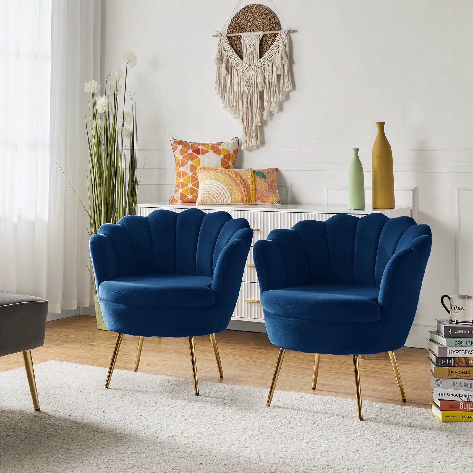 Seashell Upholstery Barrel Chairs Set of 2 Velvet Lounge Armchairs Gold ...