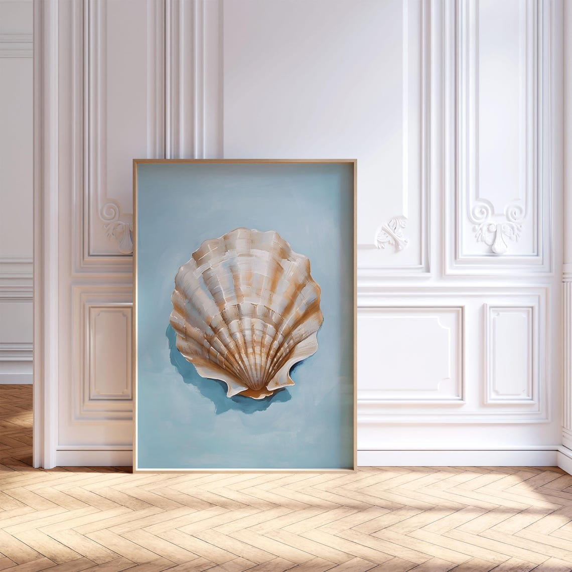 Seashell Wall Art Poster, Light Blue Seashell Poster, Beachy Room Decor ...