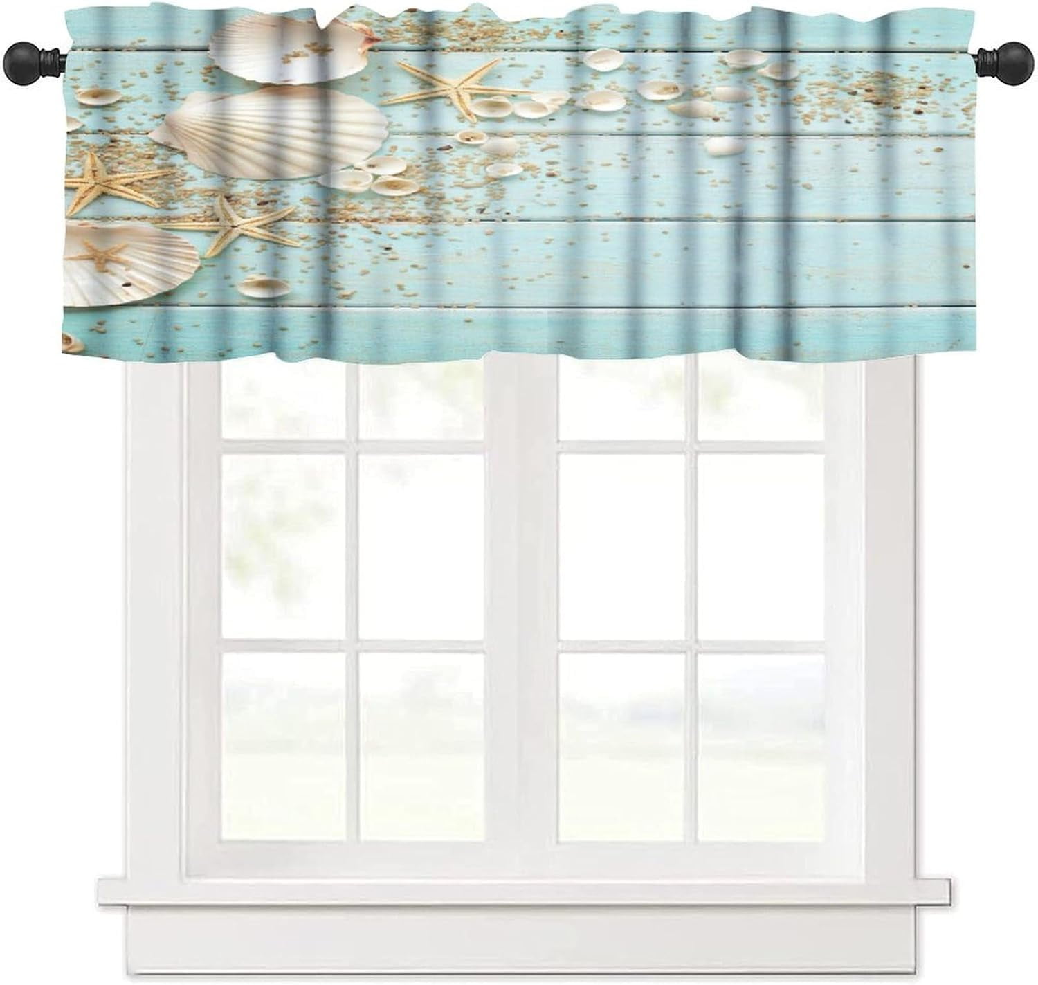 Seashell Window Valance Starfish Blue Wood Plank Summer Beach Short ...