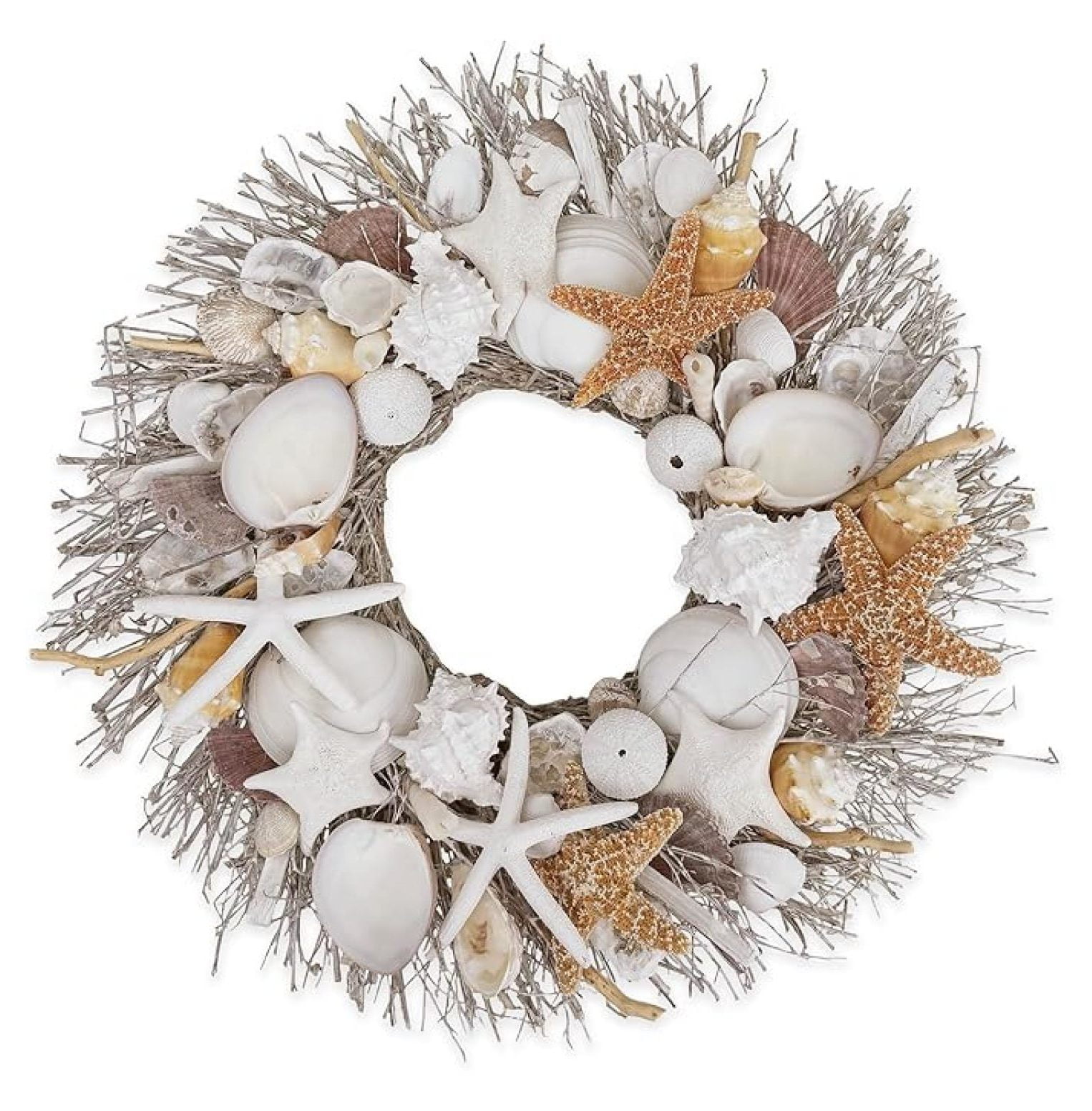 Seashell Wreath with Starfish - Coastal Beach Decor for Home - Natural ...