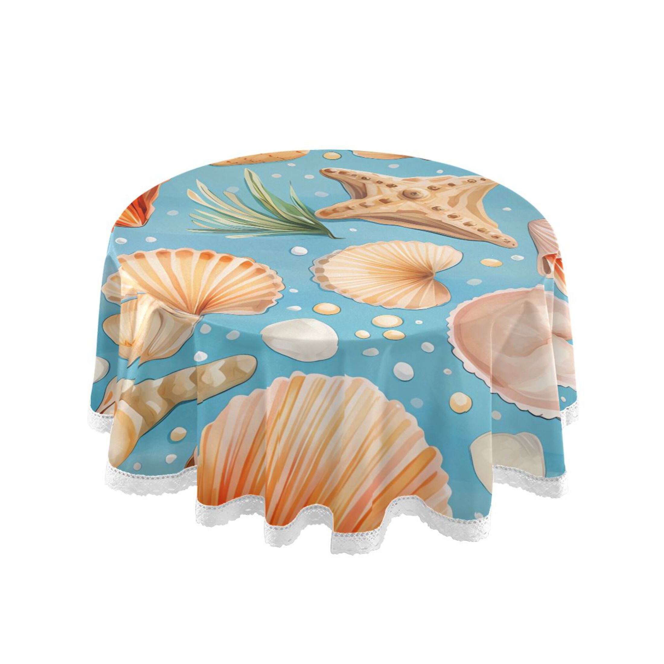 Seashell and Seastars Round Tablecloth 60" Reusable Circle Table Cover ...