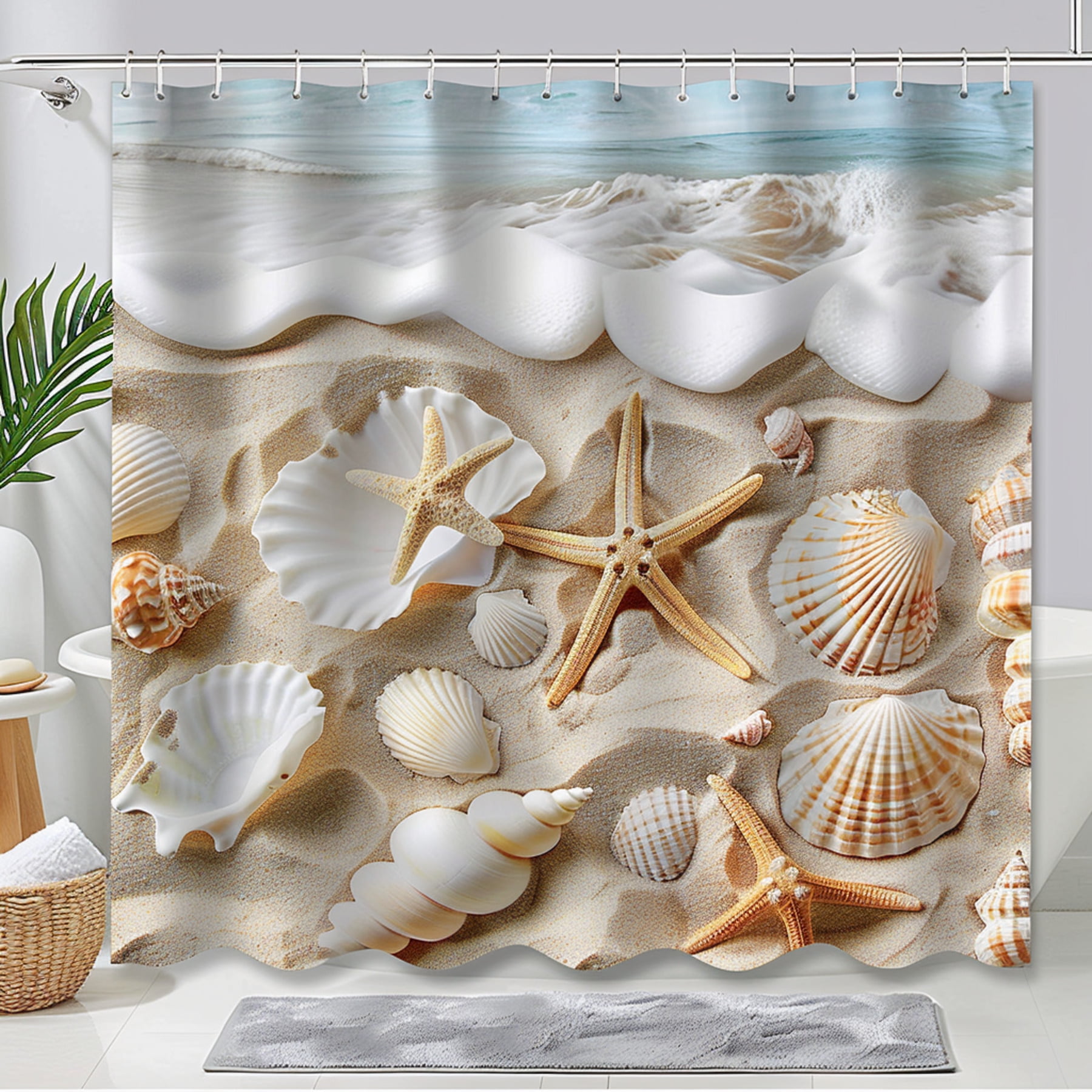 Seashell and Starfish Beach Theme Bathroom Curtain Hyper Realistic ...