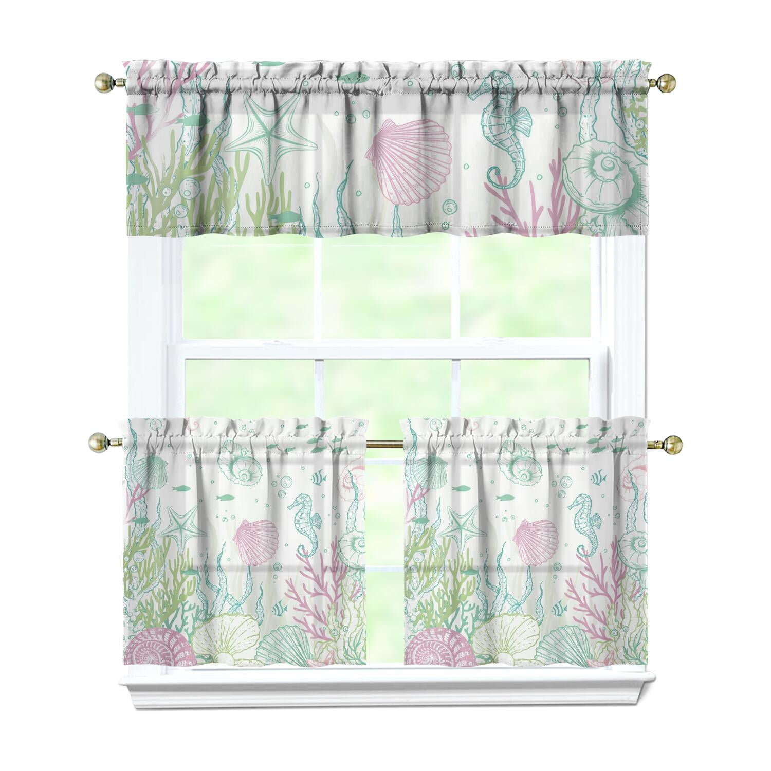 Seashell and Starfish Kitchen Curtains Set Nautical Tropical Sea Life ...