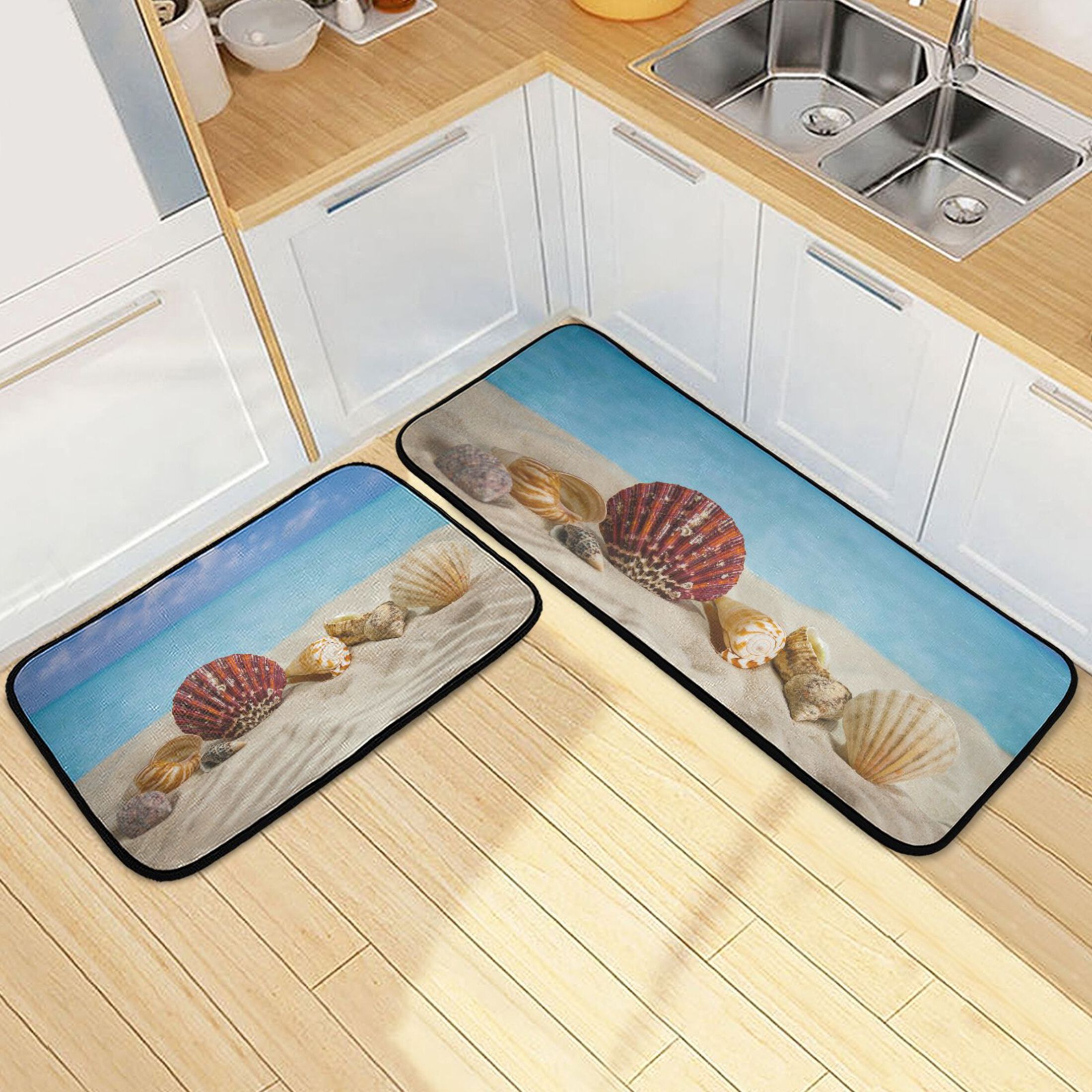 Seashell on Beach Kitchen Rugs Set of 2 Non Slip Floor Foam Mat ...