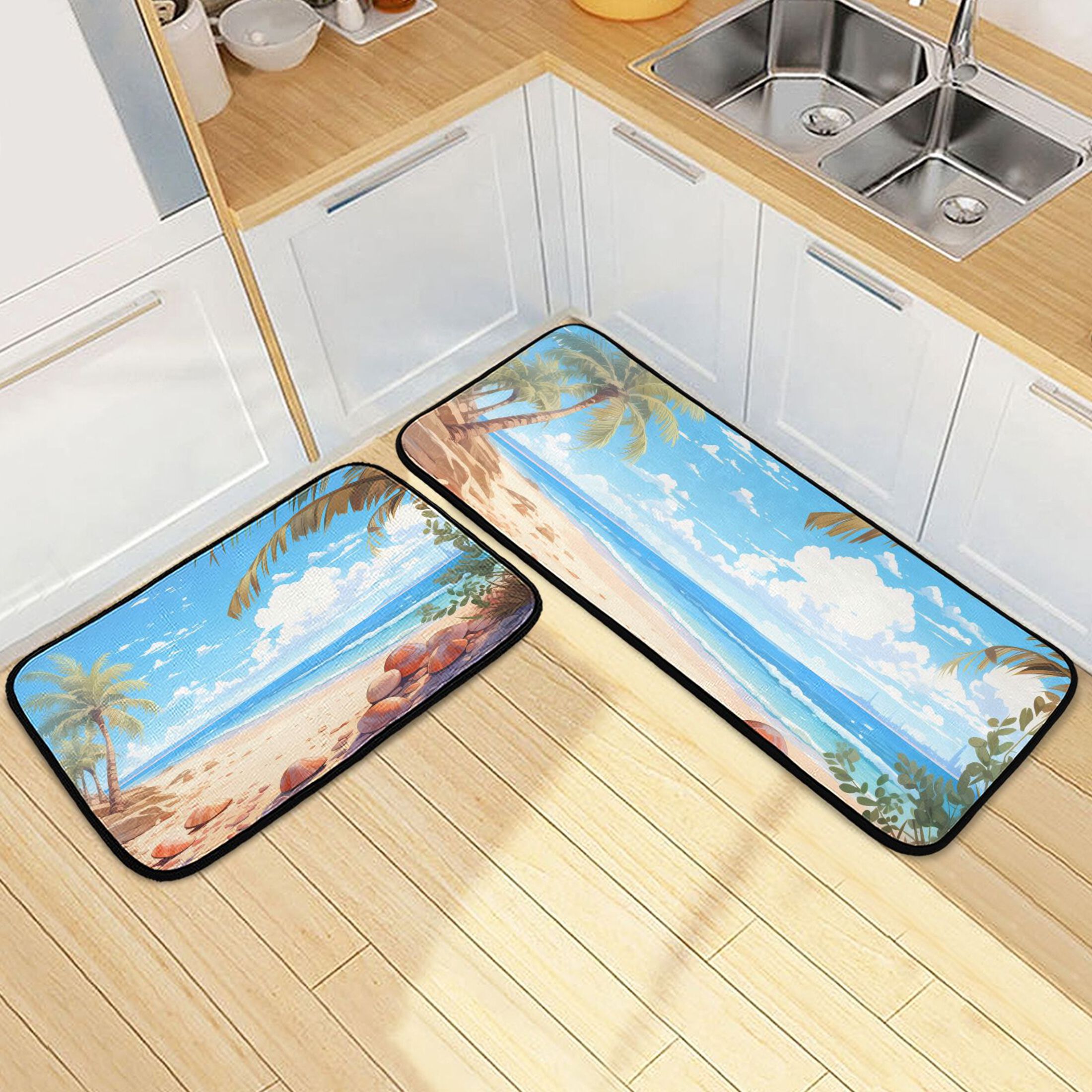 Seashell on Beach Palm Tree Kitchen Rugs Set of 2 Non Slip Floor Foam ...