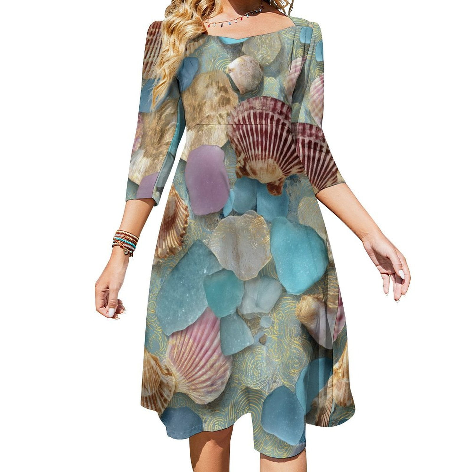 Seashells And Sea Glass Pattern Sweetheart Knot Flared Dress Fashion ...