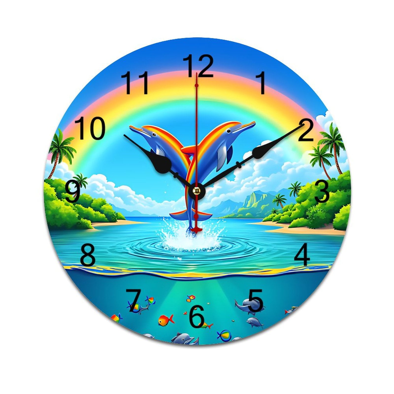 Seashells And Starfish Dolphins Jumping Printed Silent Wall Clock Round ...