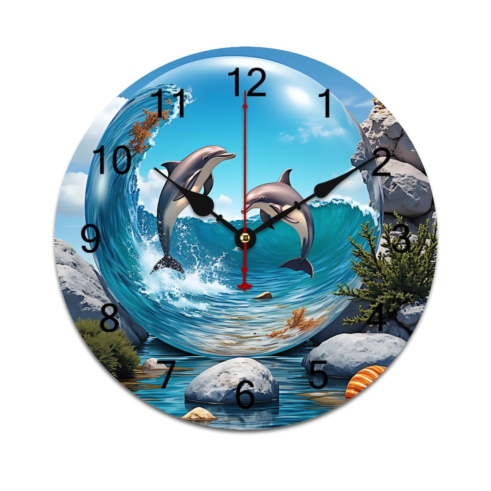 Seashells And Starfish Dolphins Jumping Word Saying Big Wall Clock Home ...