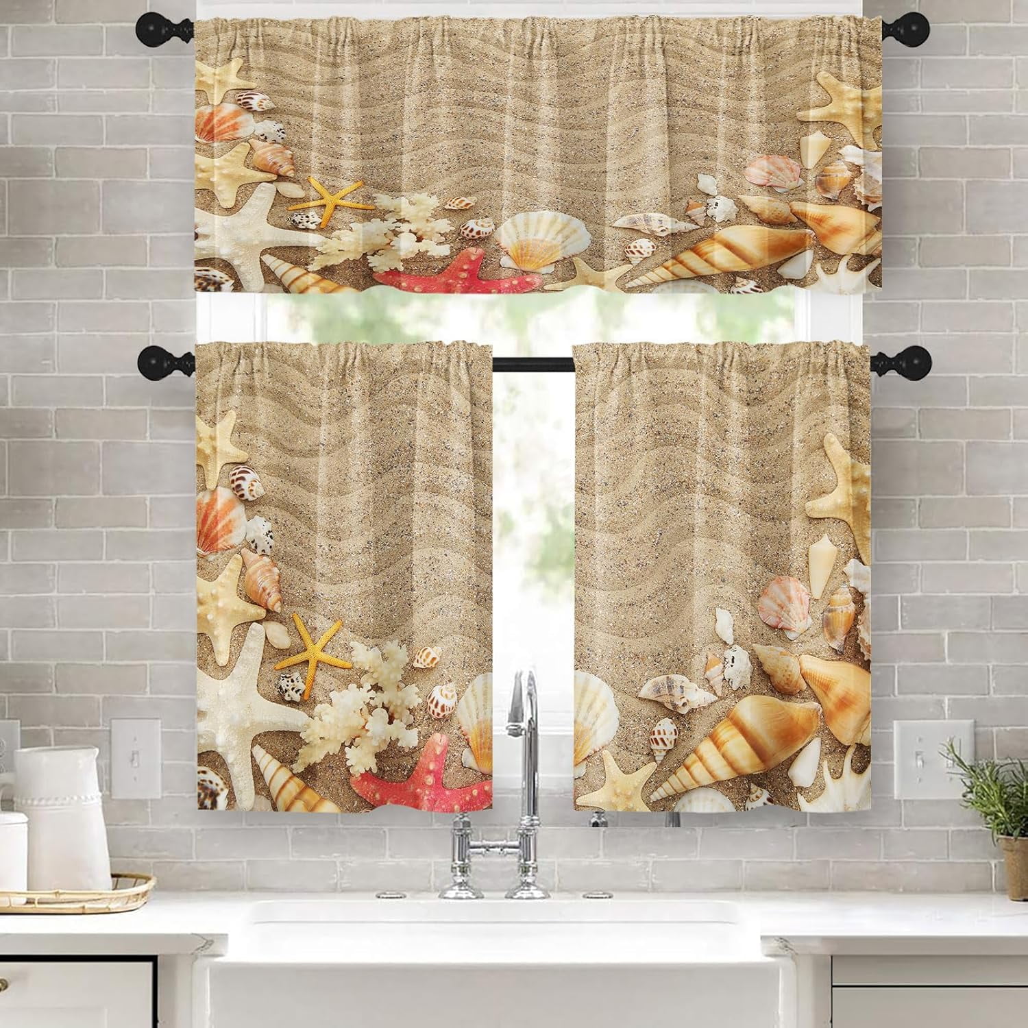 Seashells Beach Kitchen Curtains Tropical Window Curtains Valance and ...
