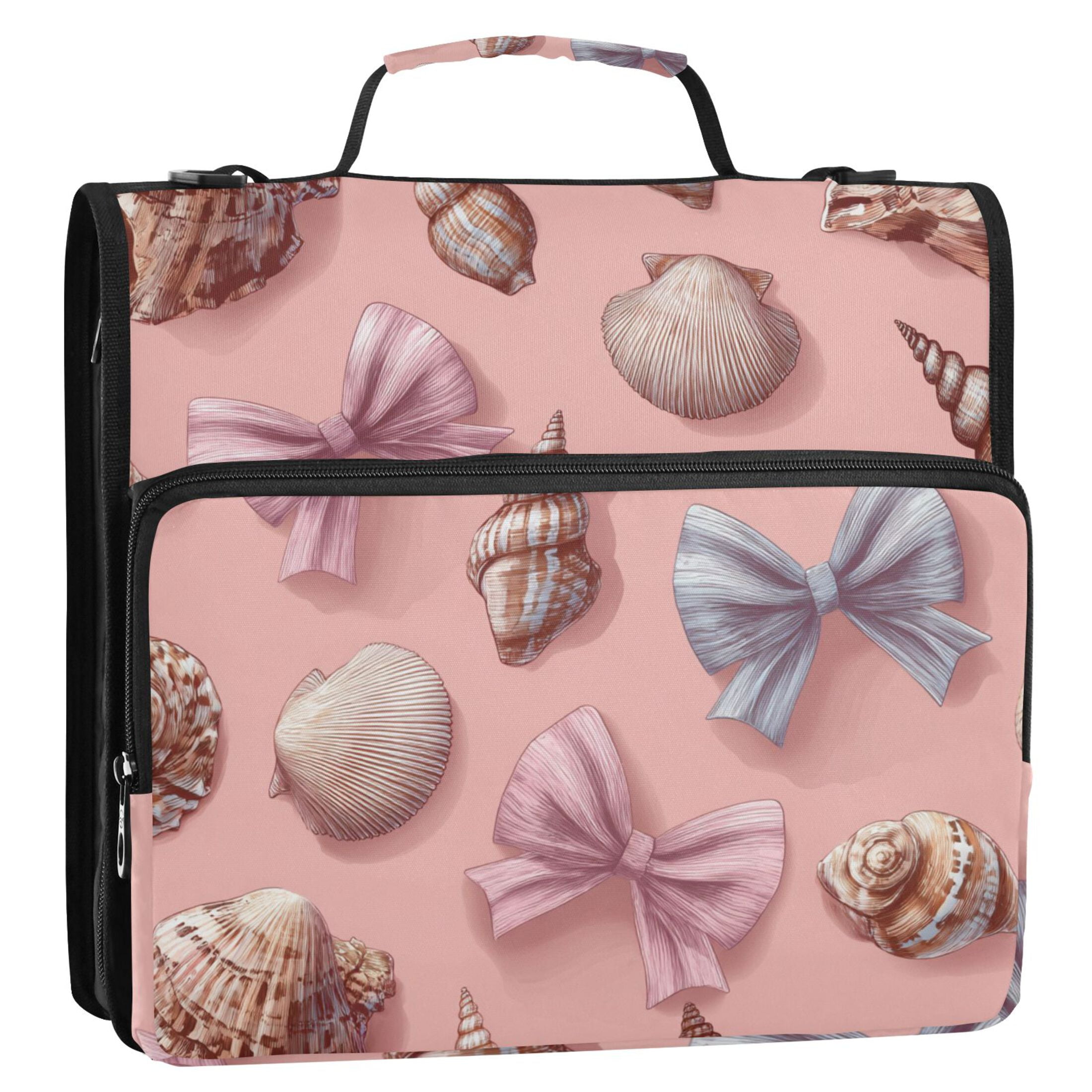 Seashells Bows Cute Binder Bag with Shoulder Strap 3 Ring Zipper Binder ...