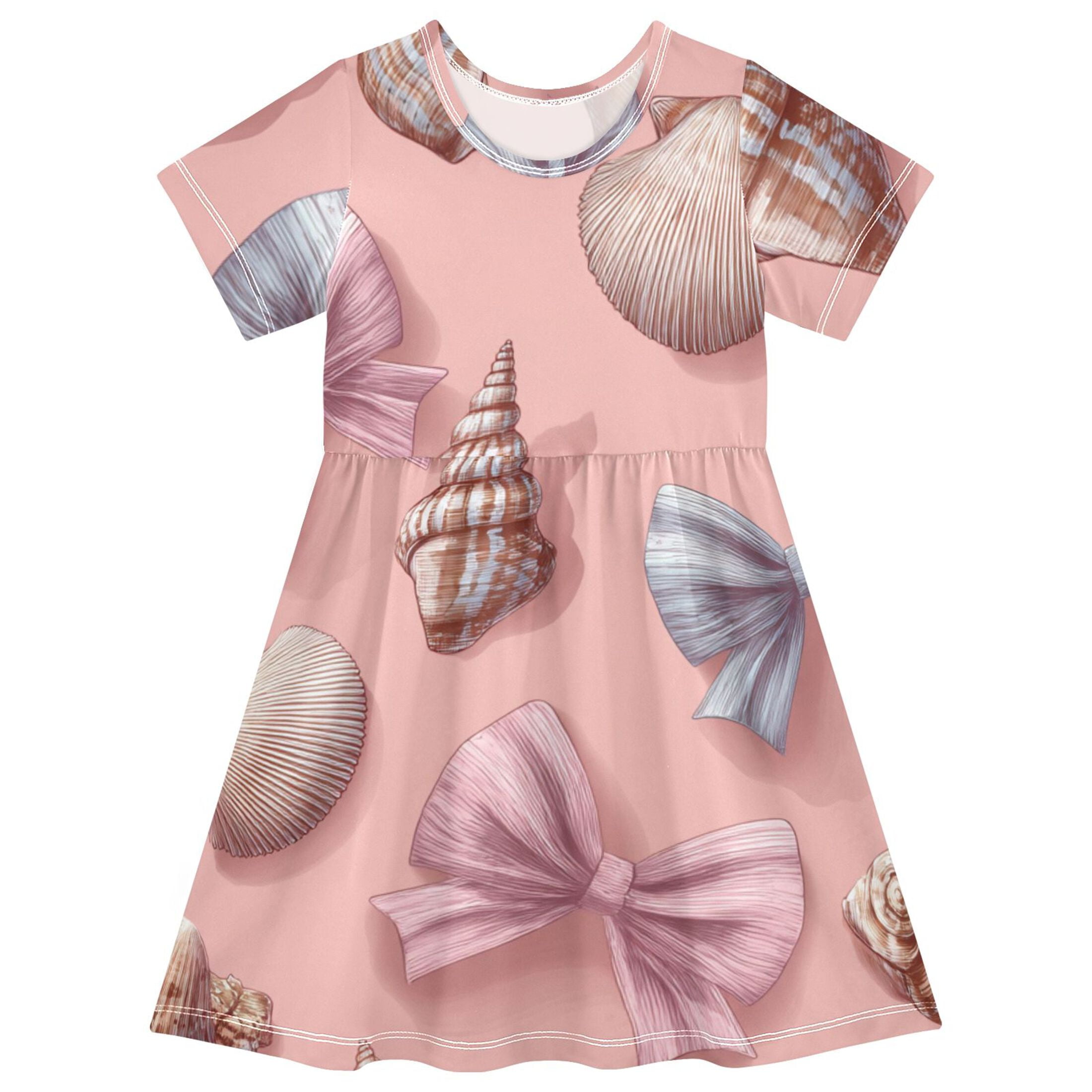 Seashells Bows Cute Girls' Short Sleeve Dress A-Line One-Piece Dress UPF 50+ Quick Dry 3T ...
