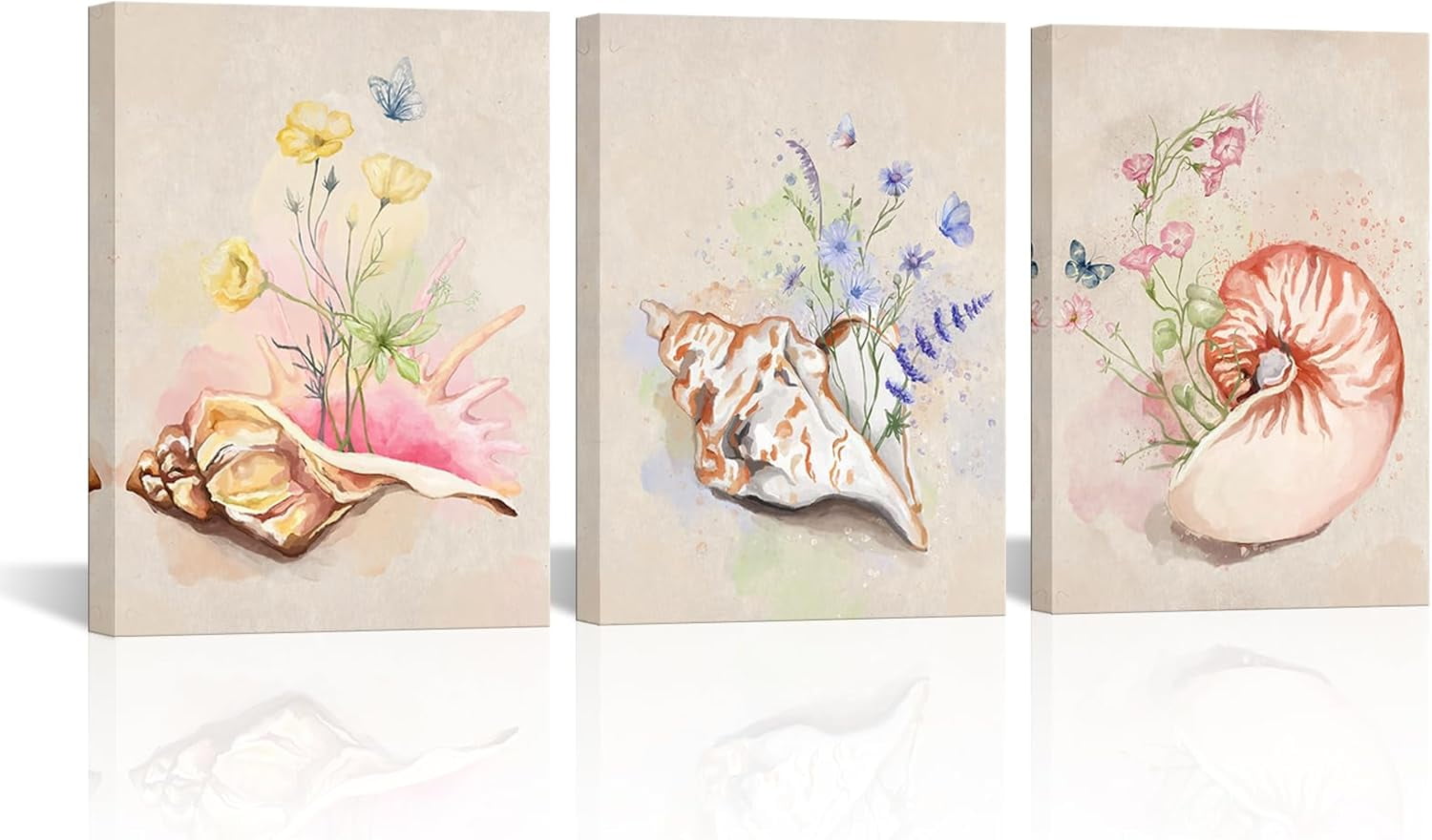 Seashells Canvas Wall Art Coastal Shells with Flower Painting Nautical ...