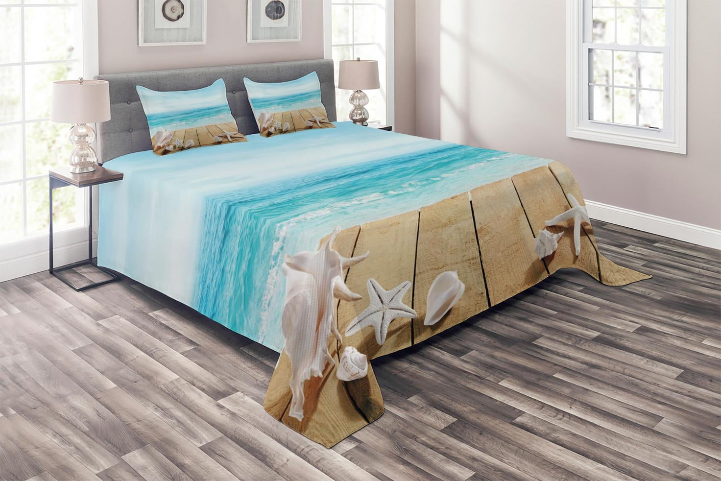 Seashells Coverlet Set King Size, Wooden Boardwald with Seashells ...
