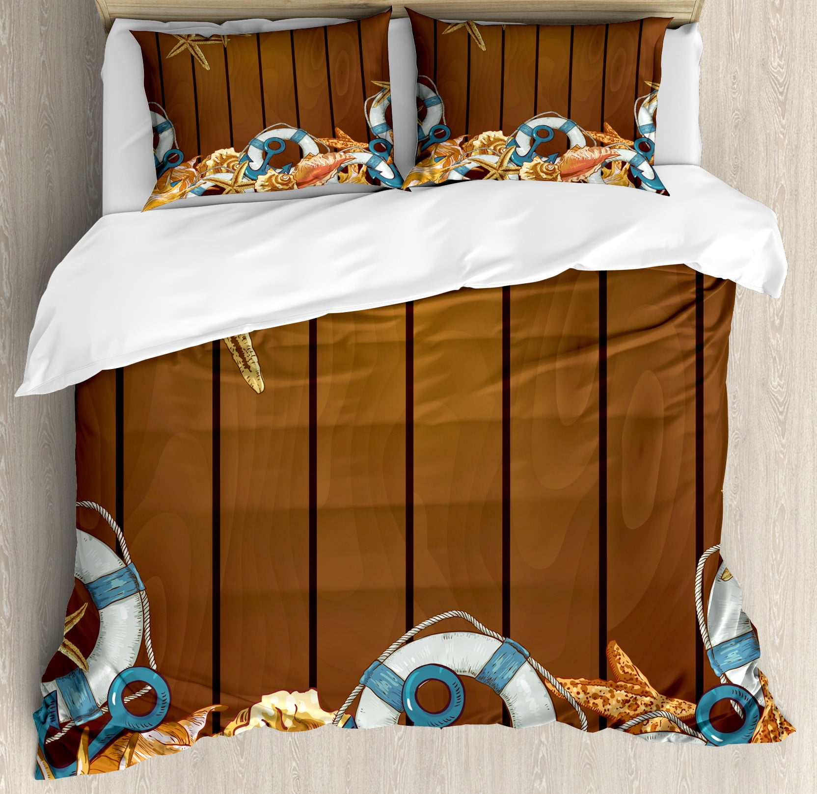 Seashells Duvet Cover Set, Seashells Anchors Starfish on Wooden ...