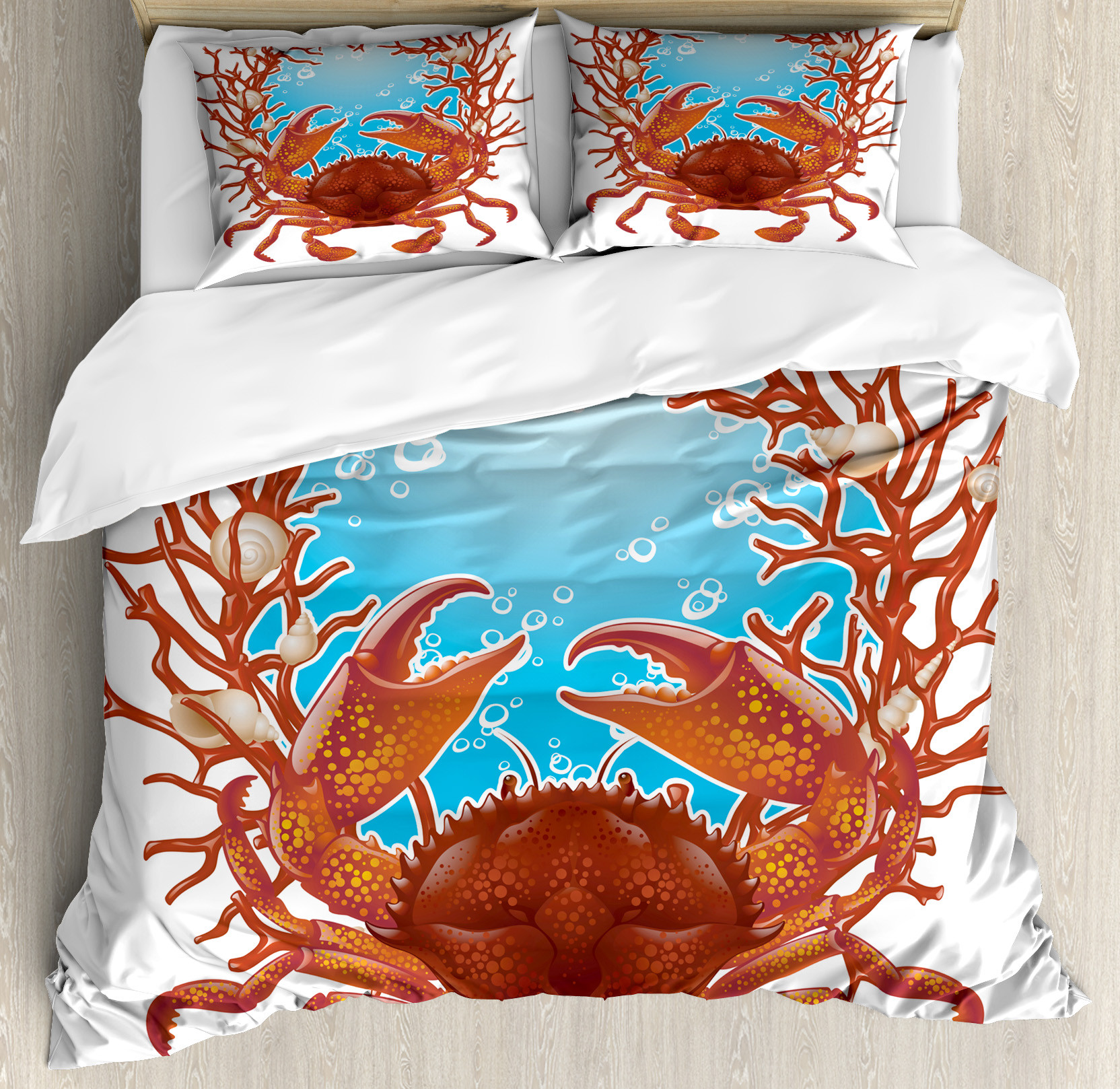 Seashells Duvet Cover Set, Crab Spiral Seashells and Red Coral Frame ...