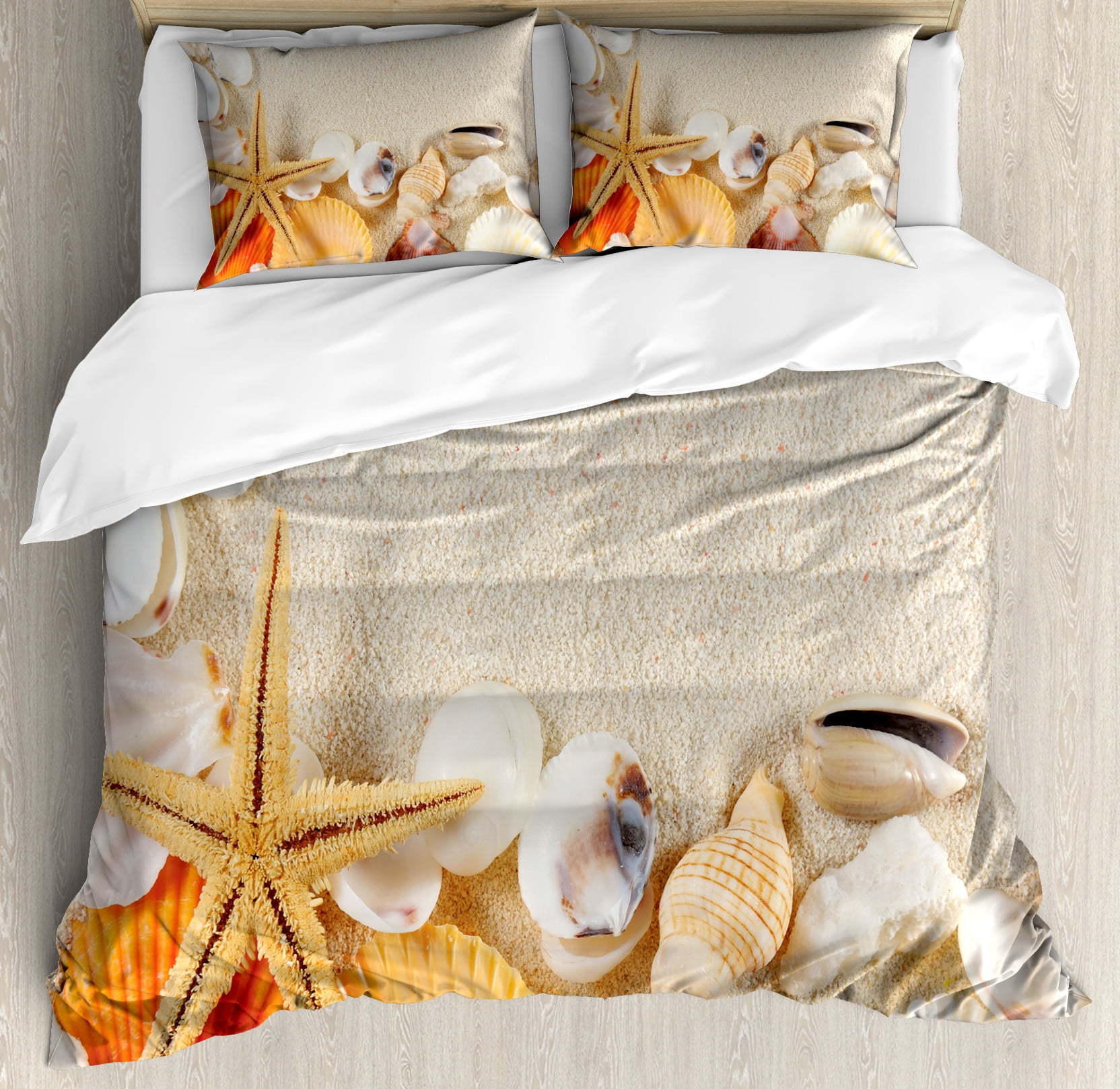 Seashells Duvet Cover Set, Group of Seashells Starfish on the Sand ...