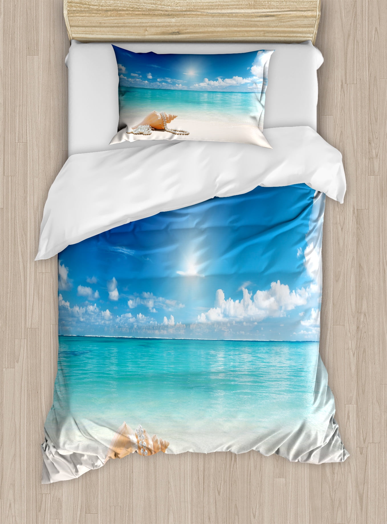 Seashells Duvet Cover Set, Seashells and Pearls on Sandy Beach Tropical ...
