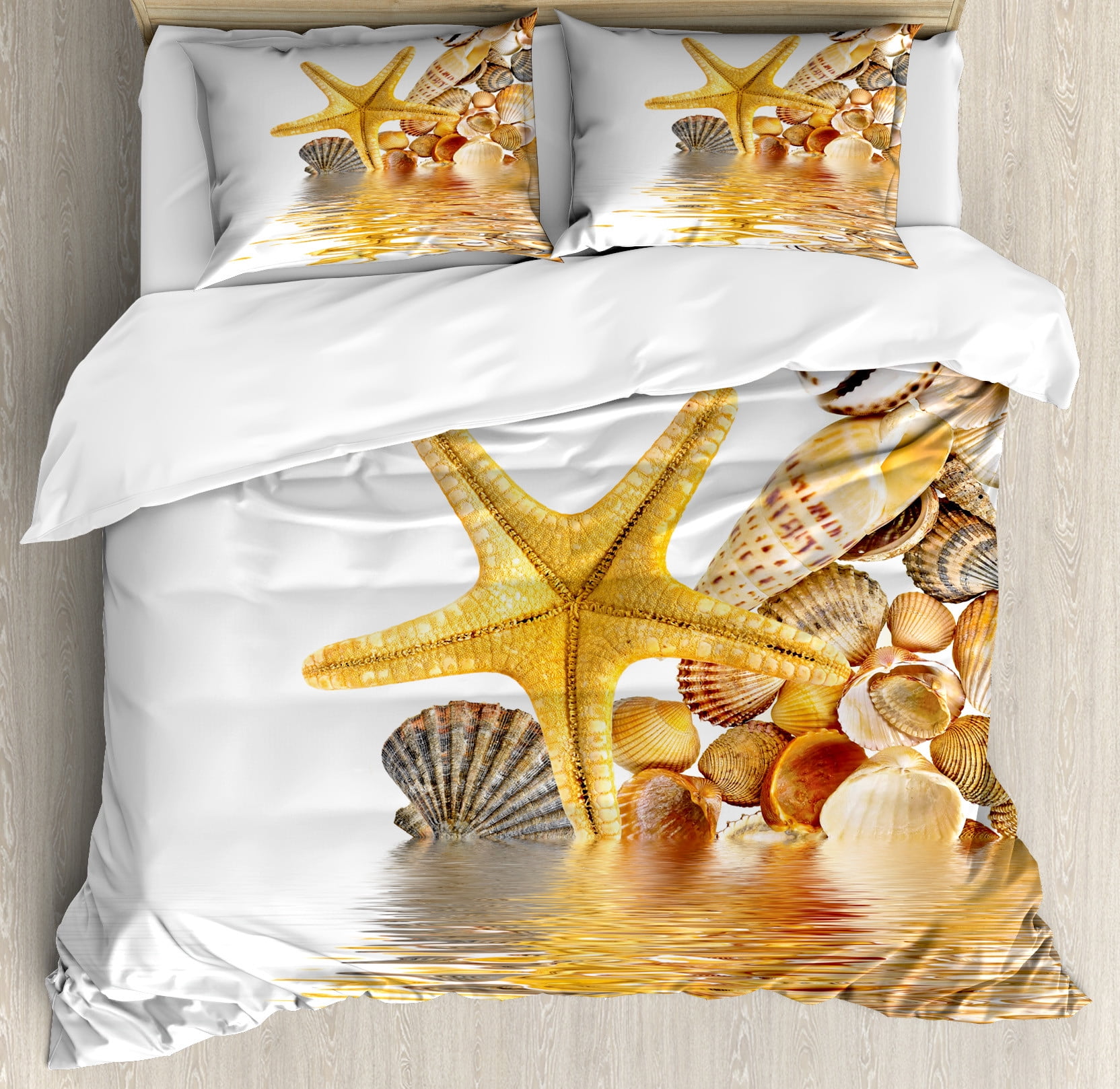 Seashells Duvet Cover Set, Shells and Starfish Reflection Water Golden ...