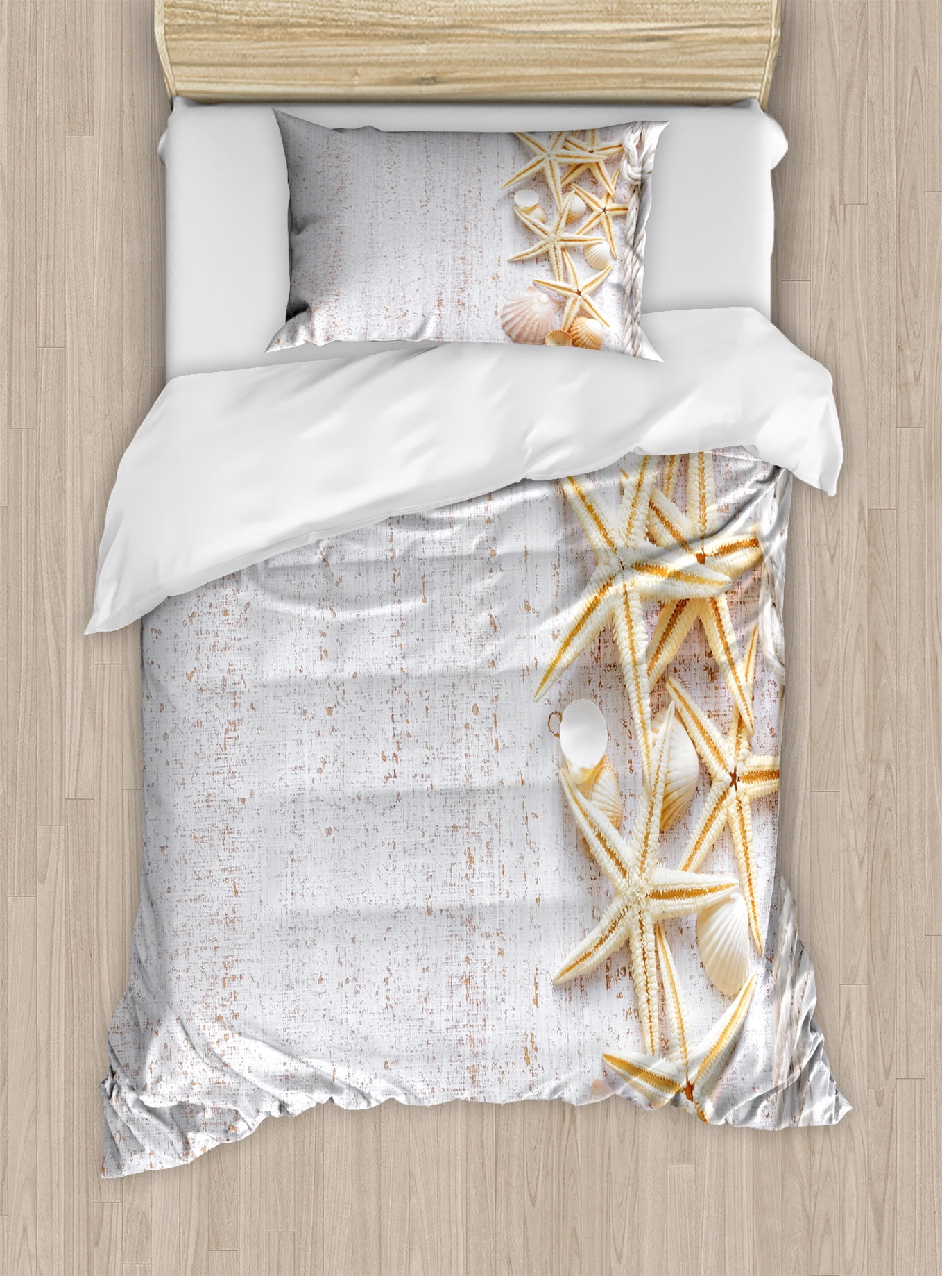 Seashells Duvet Cover Set, Starfish Marine in Vertical Direction Wood ...