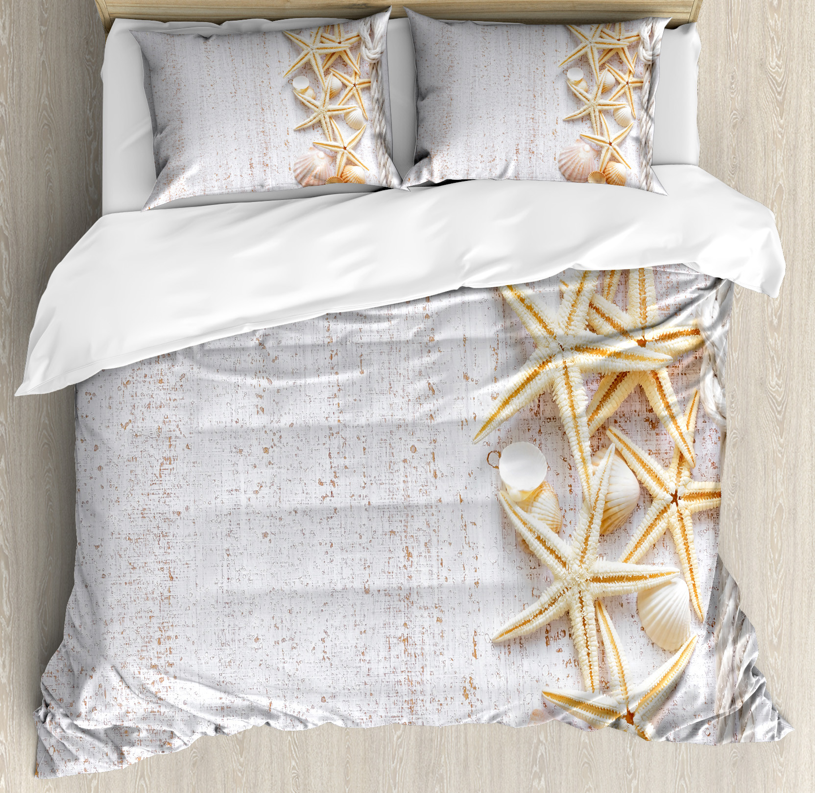 Seashells Duvet Cover Set, Starfish Marine in Vertical Direction Wood ...