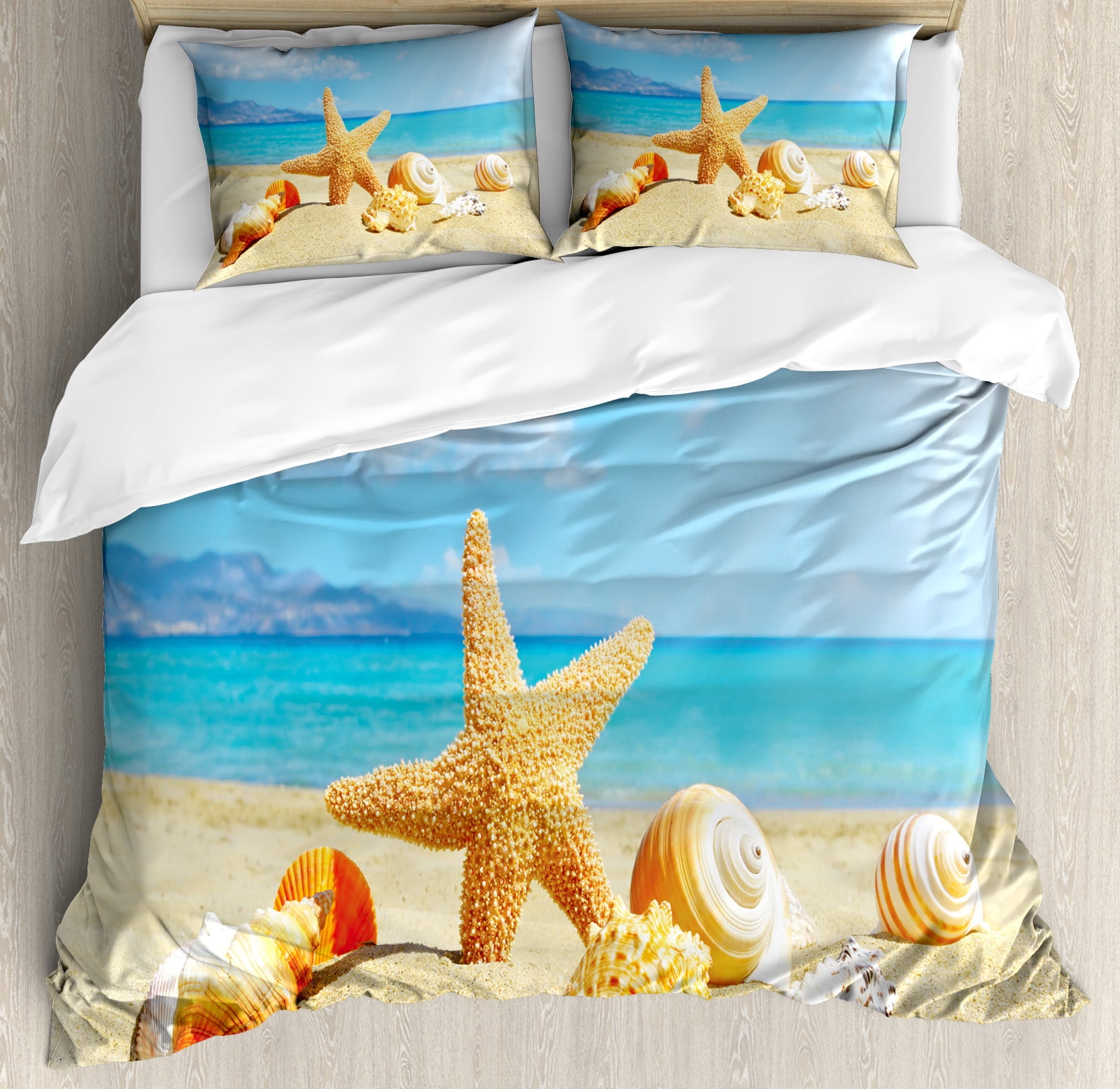 Seashells Duvet Cover Set, Summer Beach Theme and Sand with Rays in the ...