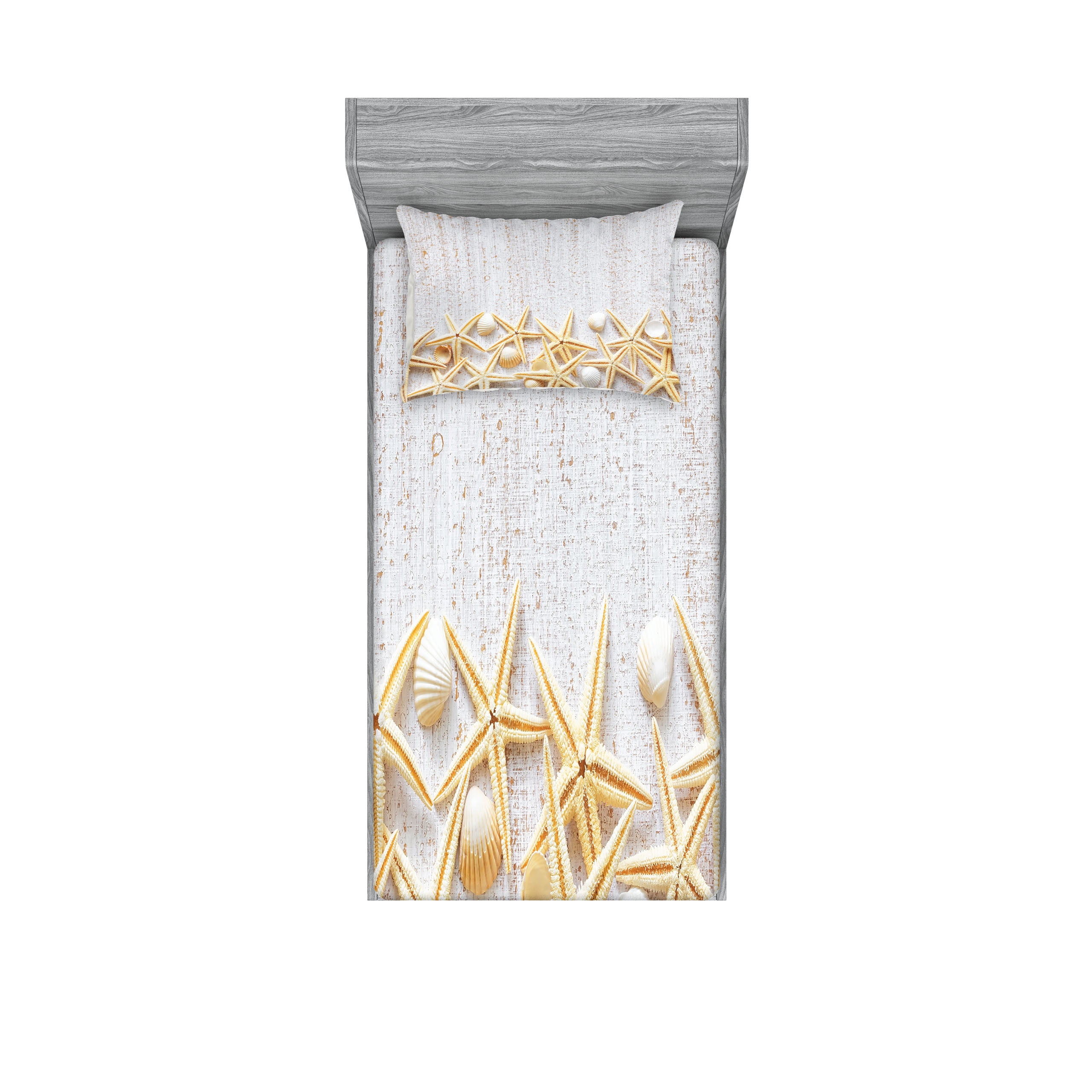 Seashells Fitted Sheet & Pillow Sham Set, Sea Shells on Timber Pattern ...