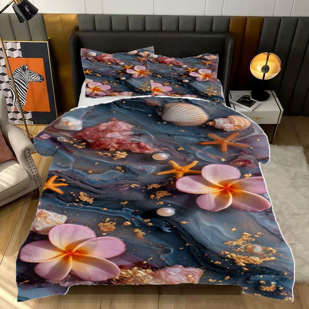 Seashells, Flowers, And Pearls Pattern Comforter Set Queen Size Bedding ...