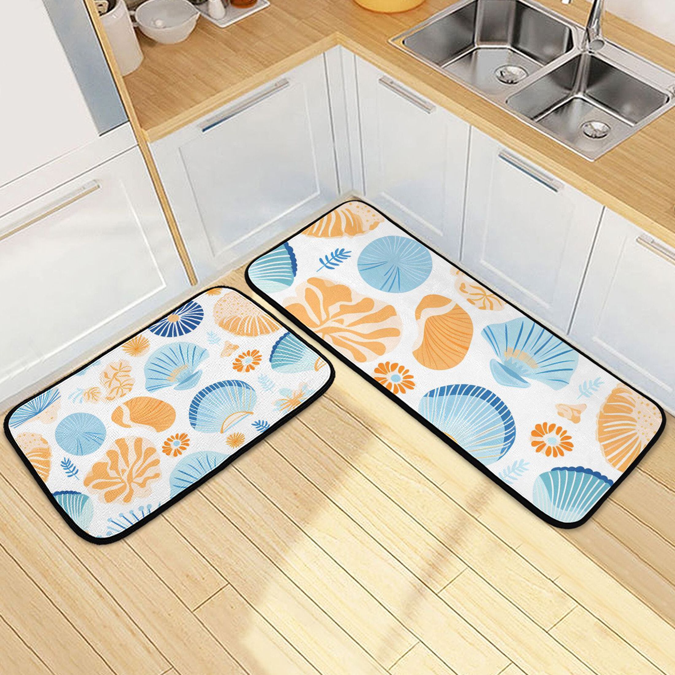 Seashells Kitchen Rugs Set of 2 Non Slip Floor Foam Mat Cushioned Soft ...