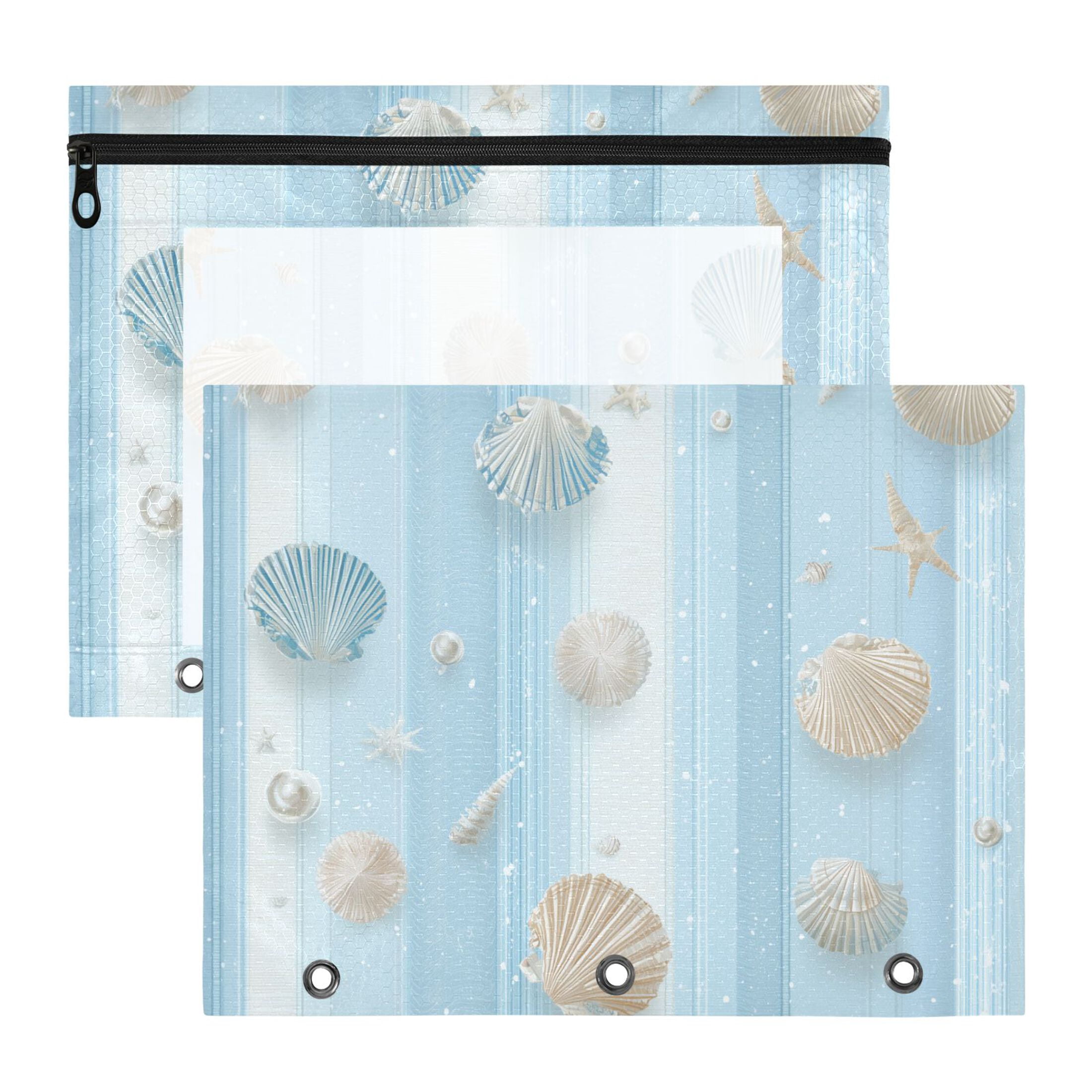 Seashells Pearls on Light Blue Background 3-Ring Binder Pocket with ...
