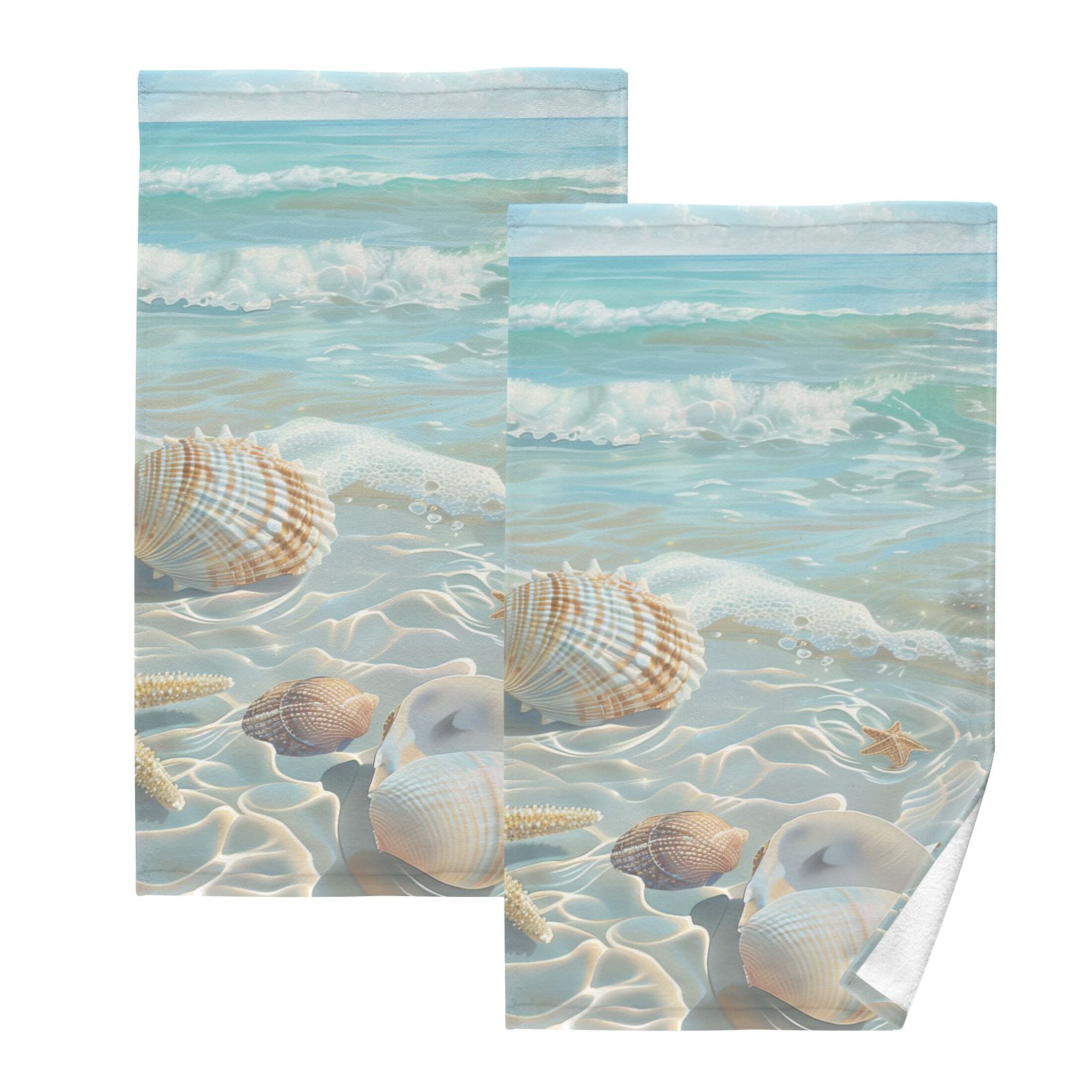 Seashells Sea Stars Beach Hand Towel Set 2 Pcs Cotton Absorbent Soft ...
